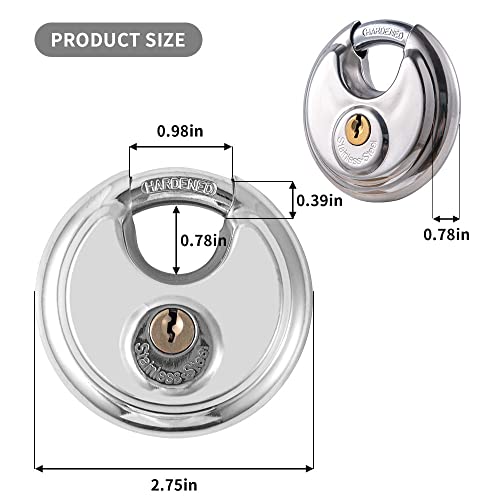 HonesaLoc Disc Padlock Outdoor, 2 Pack Heavy Duty Stainless Steel Discus Padlock, Waterproof Combo Gate Lock with Key for Storage Locker, Garages Warehouse, Sheds and Fence