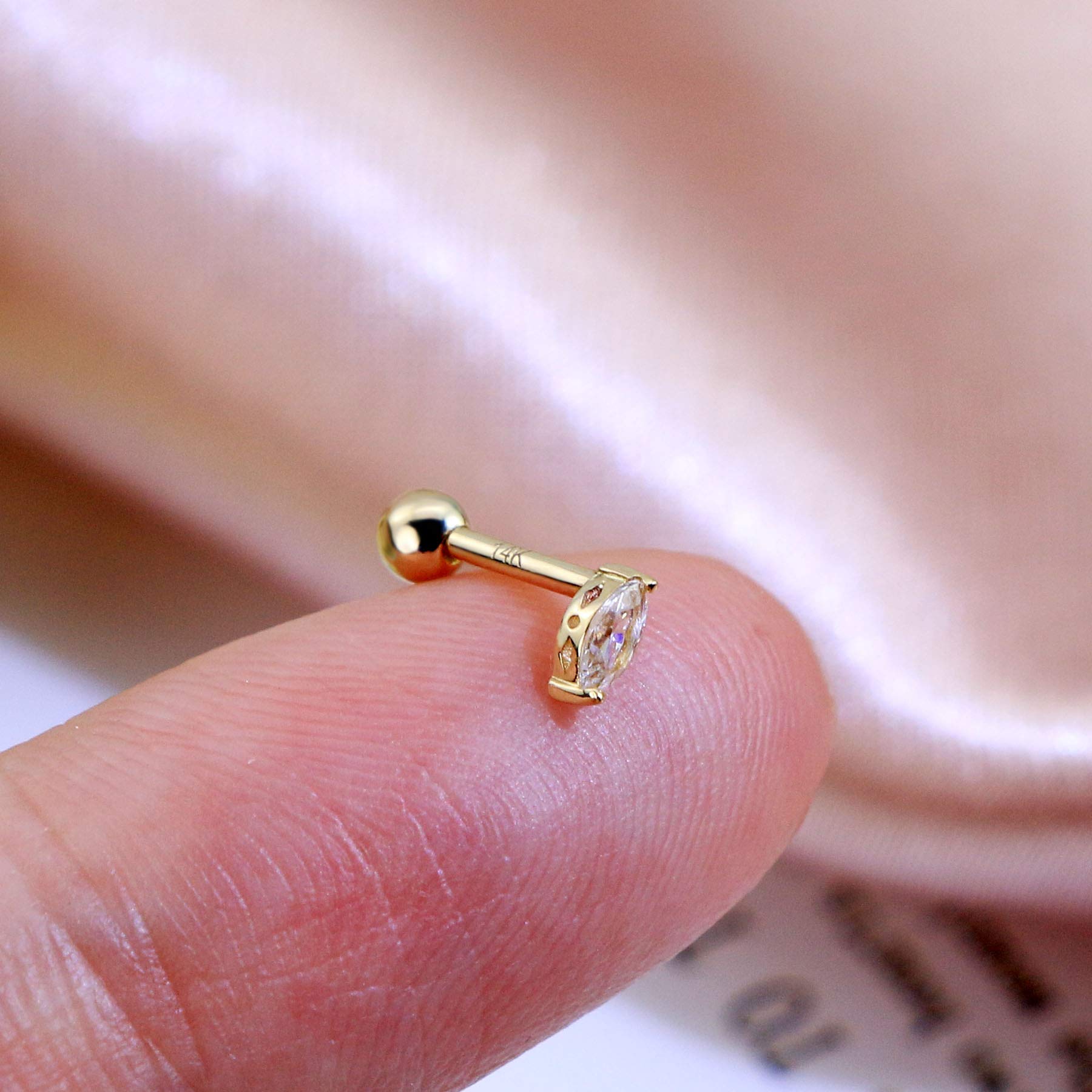 COCHARM 14K Solid Gold Helix Earring Stud Yellow Gold Cartilage Earring Stud Marquise CZ 14Kt Real Gold Helix Cartilage Piercing Jewelry for Women Men