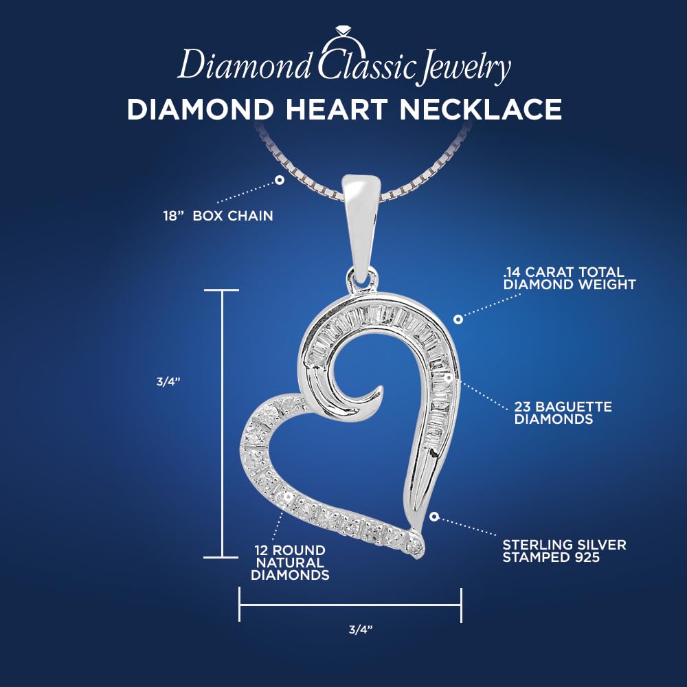 Diamond Heart Pendant Necklace 1/8 cttw Round and Baguette Diamonds in 10k White Gold - 18 Inch Chain