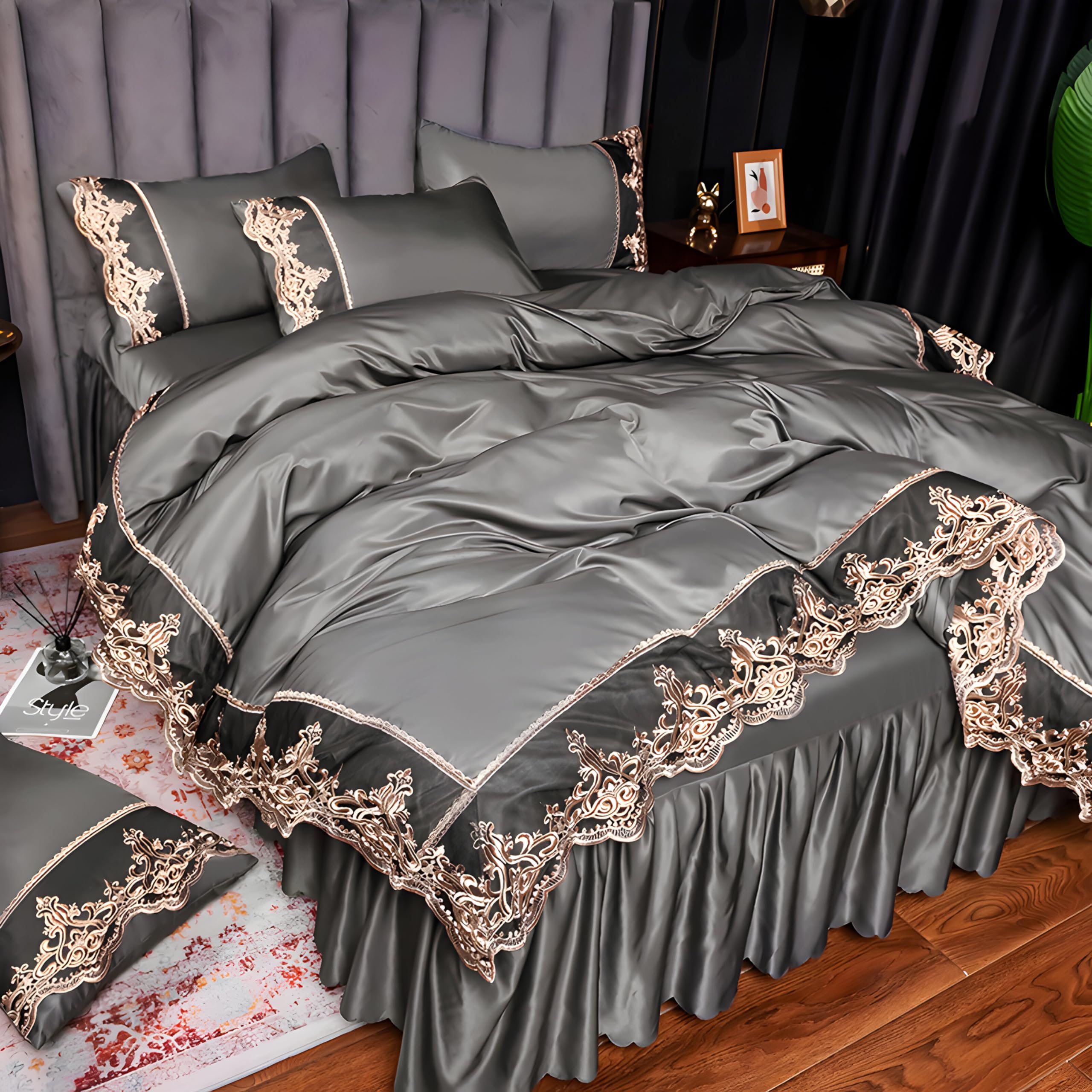 Maschringer 6 Luxury Satin King Size Duvet Cover and Pillow Set Grey King Duvet Covers(U.S. Standard) Perfect for Wedding or Romantic Nights. Cooling and Soft Bedding