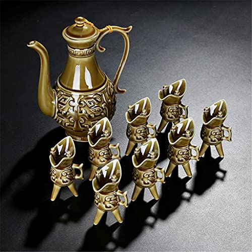 DCOT Ceramic Wine Set Flagon, White Wine Glass, Celadon, Antique Mug, Tripod, Wine Cup, Wine Dispenser Gift (Color : E)