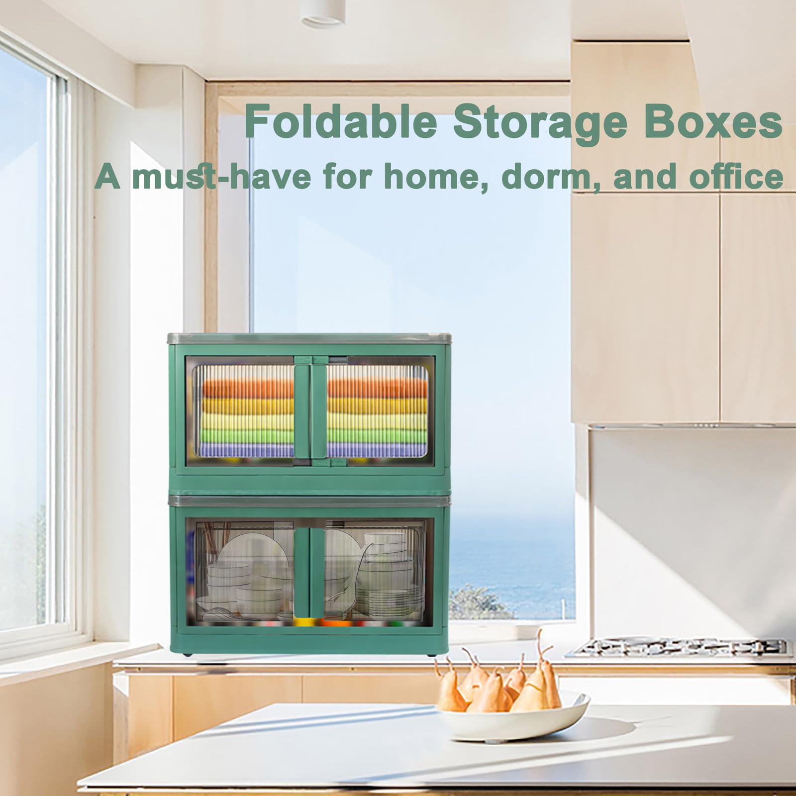 NOCCUR 3 Pack Stackable Storage Bins with Lids - 23Gal Green Plastic Storage Bins - Folding Storage Box - Foldable Plastic Storage Container with Lids and Doors - for Book Storage,Study Room