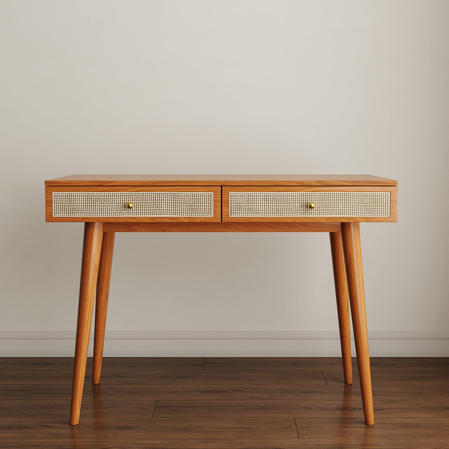Longcoam Design Mid-Century Modern Solid Wood Desk with Drawers β 45 inch Small Boho Rattan Writing Desk for Home Office, Minimalist Design Natural Wood Legs Table for Workspace Elegance