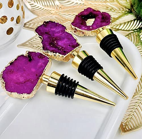 LUXE CRYSTAL CO. Handcrafted Purple Magenta Pink Agate Druzy Gold Natural Crystal Wine Champagne Stopper Handmade Bottle Barware Housewarming Bridal Shower (Pink)