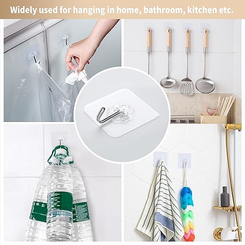 Lcsmaokin Wall Hooks 33lb(Max) Adhesive Wall Heavy Duty Hooks，Transparent Reusable Waterproof Sticky Seamless Hooks for Hanging Keys, Coats, Hats, Bags(15 Pack)