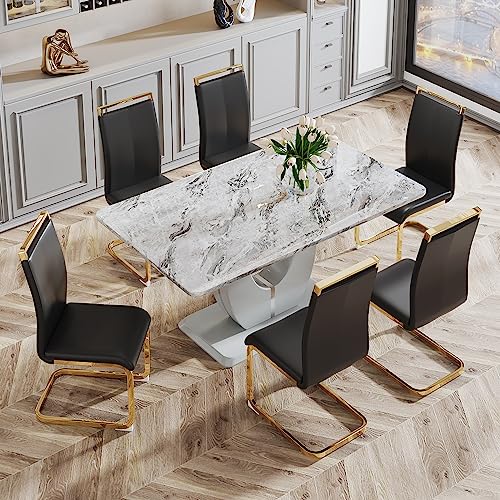 JUFU Modern Dining Table Set for 6,Rectangula Kitchen Table Set with Faux Marble Tabletop&6 Pu Leather Upholstered Chairs Ideal for Dining Room, Kitchen