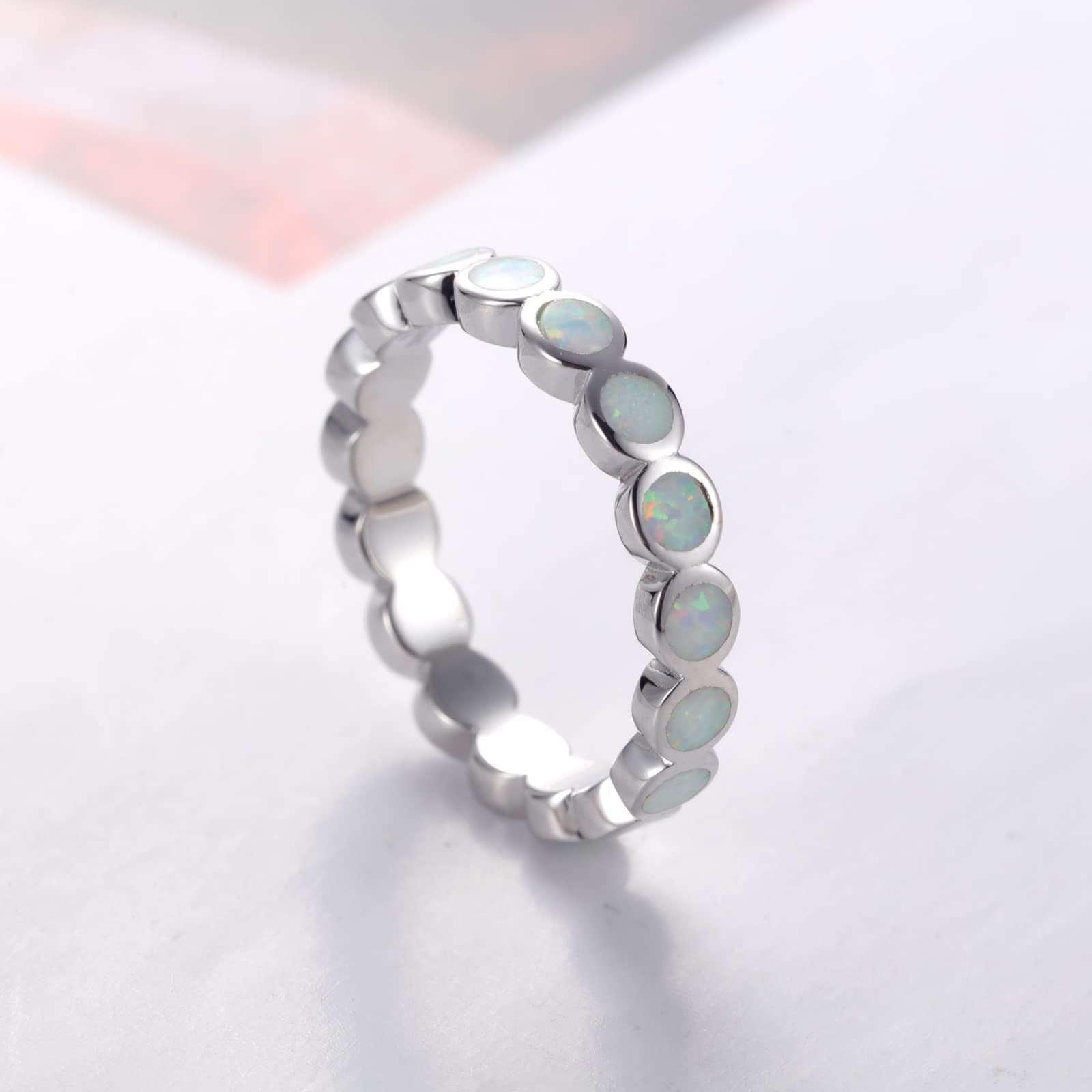 FEELDAN White Gold Plated Sterling Silver Fire Opal Bezel Setting Birthstone Rings