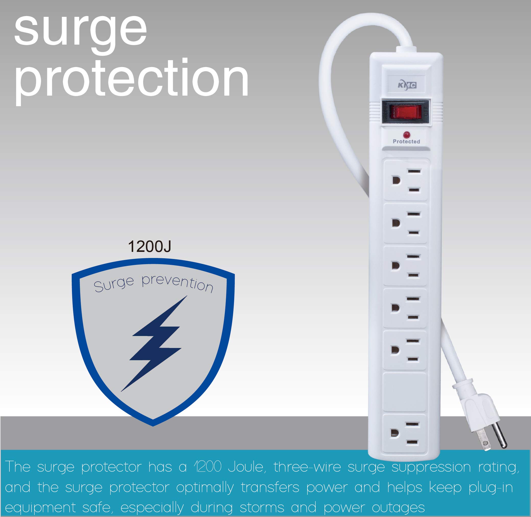 KMC 6-Outlet Surge Protector Power Strip, 2-Pack, 1200 Joules, 6ft Cord, Adapter Spaced Outlet, Overload Protection, White