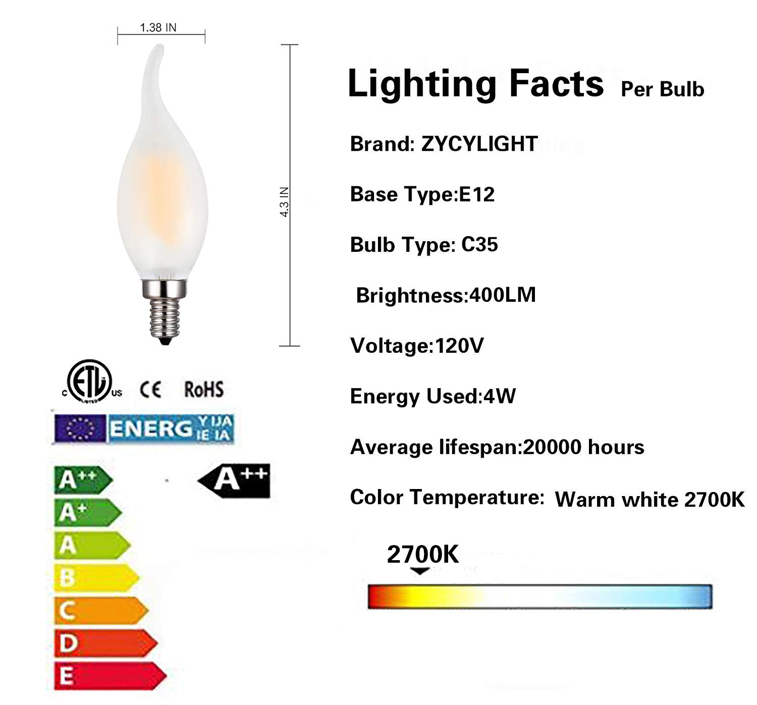 Dimmable Candelabra LED Bulb,40W Equivalent E12 Base LED Candle Bulbs, C35 Flame Shape Bent Tip,E12 LED Light Bulb,4 Watt LED Light Bulb,B11 LED Chandelier Bulbs,2700K, Forsted Glass Cover,10 Pack