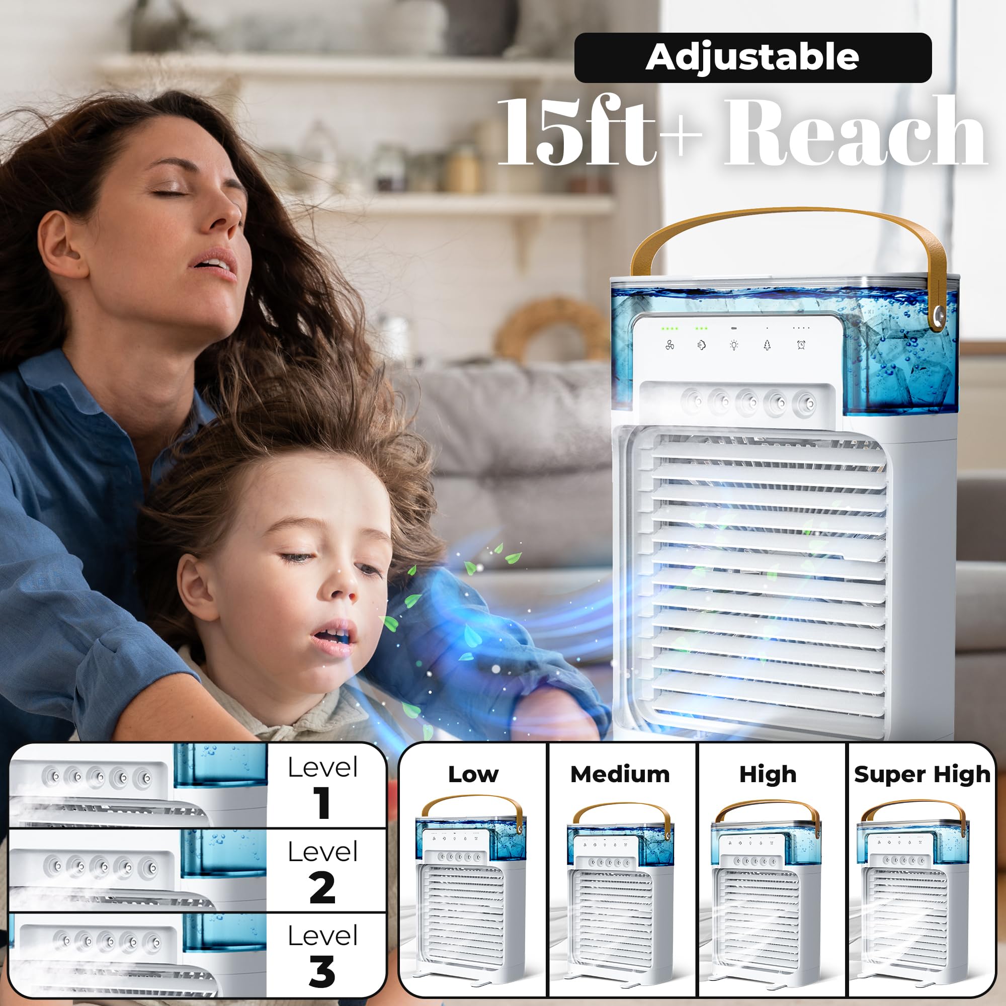 Portable Air Conditioner with Cooling Mist and Remote, Quiet comfort with 4 Speeds, XL 1200ml tank, Personal AC Fan with 5 Mists, 7 Night Lights, 2, 4, 6, 8H Timer, for Home, Office, White