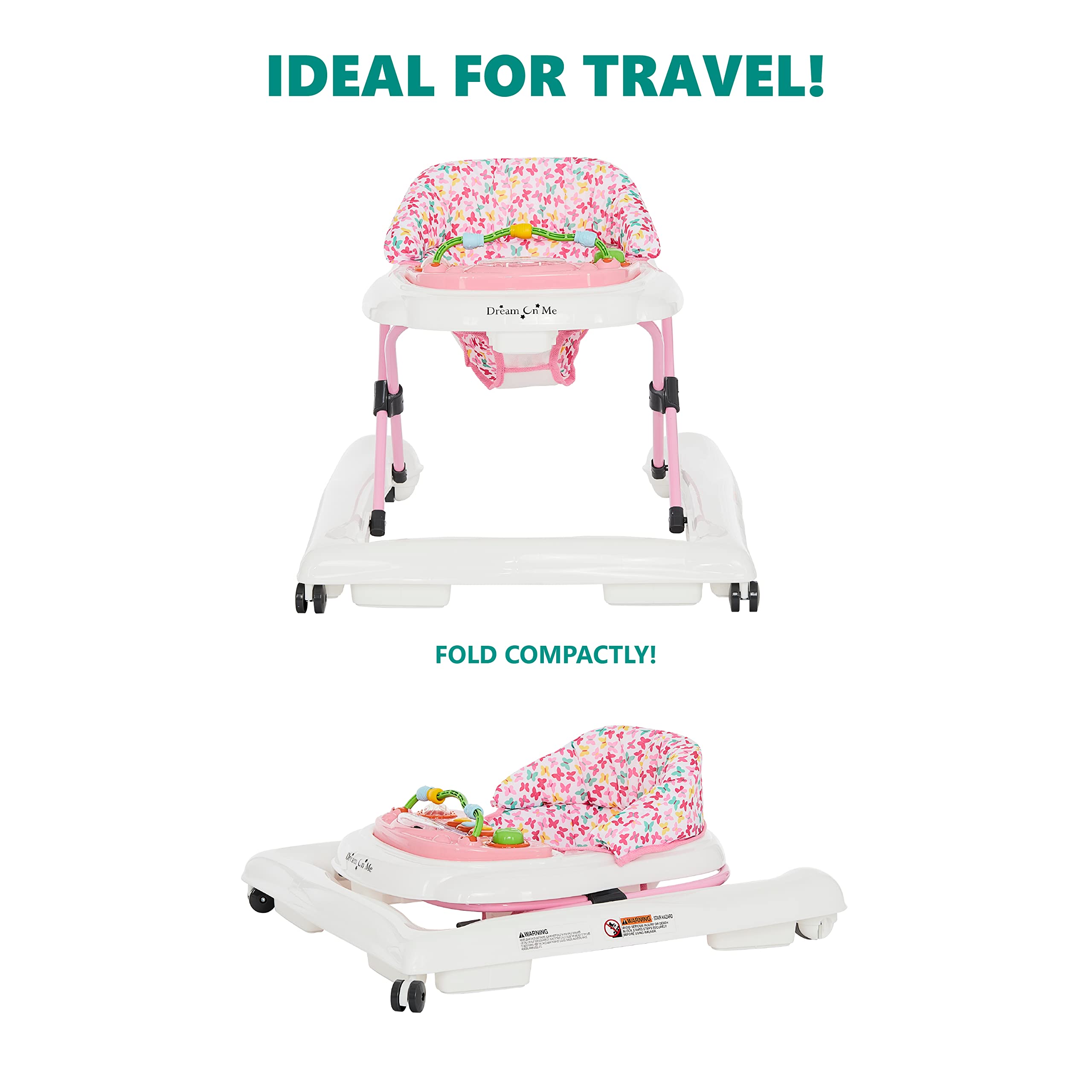 Dream On Me 2-in-1 Ava Baby Walker, Easy Convertible Baby Walker, Walk Behind, Height Adjustable Seat, Added Back Support, Detachable Slate, Spring Pink
