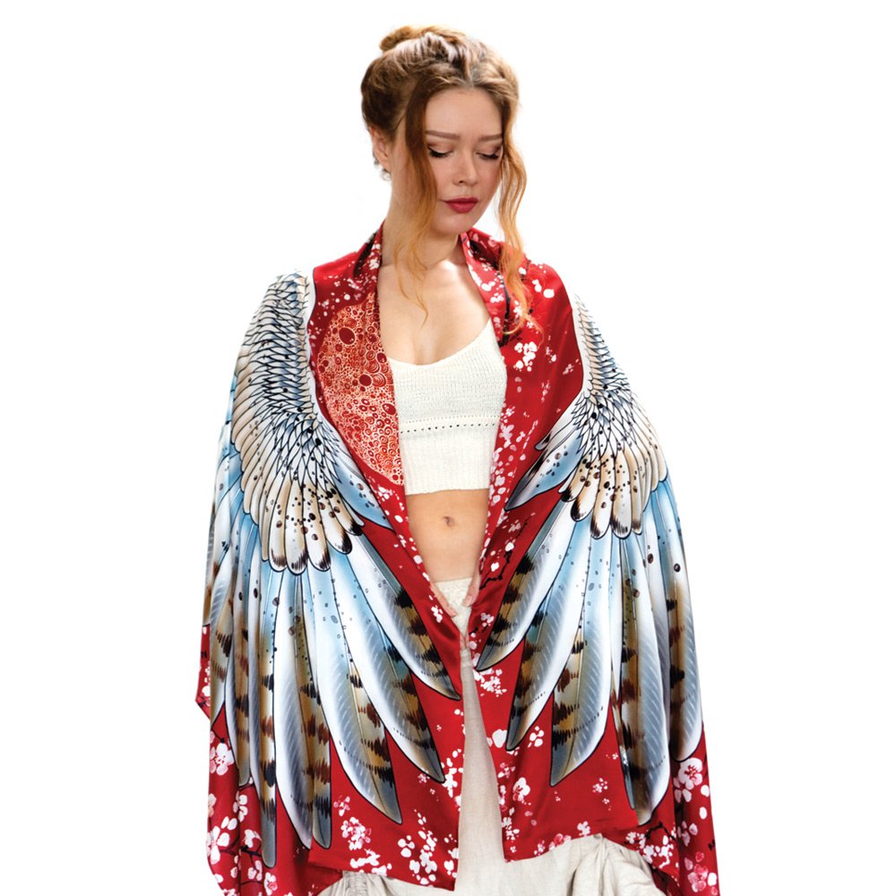 Designer Silk & Cashmere Scarf With Wide Spread Red & White Bird Feather Wings (Cherry Owl)