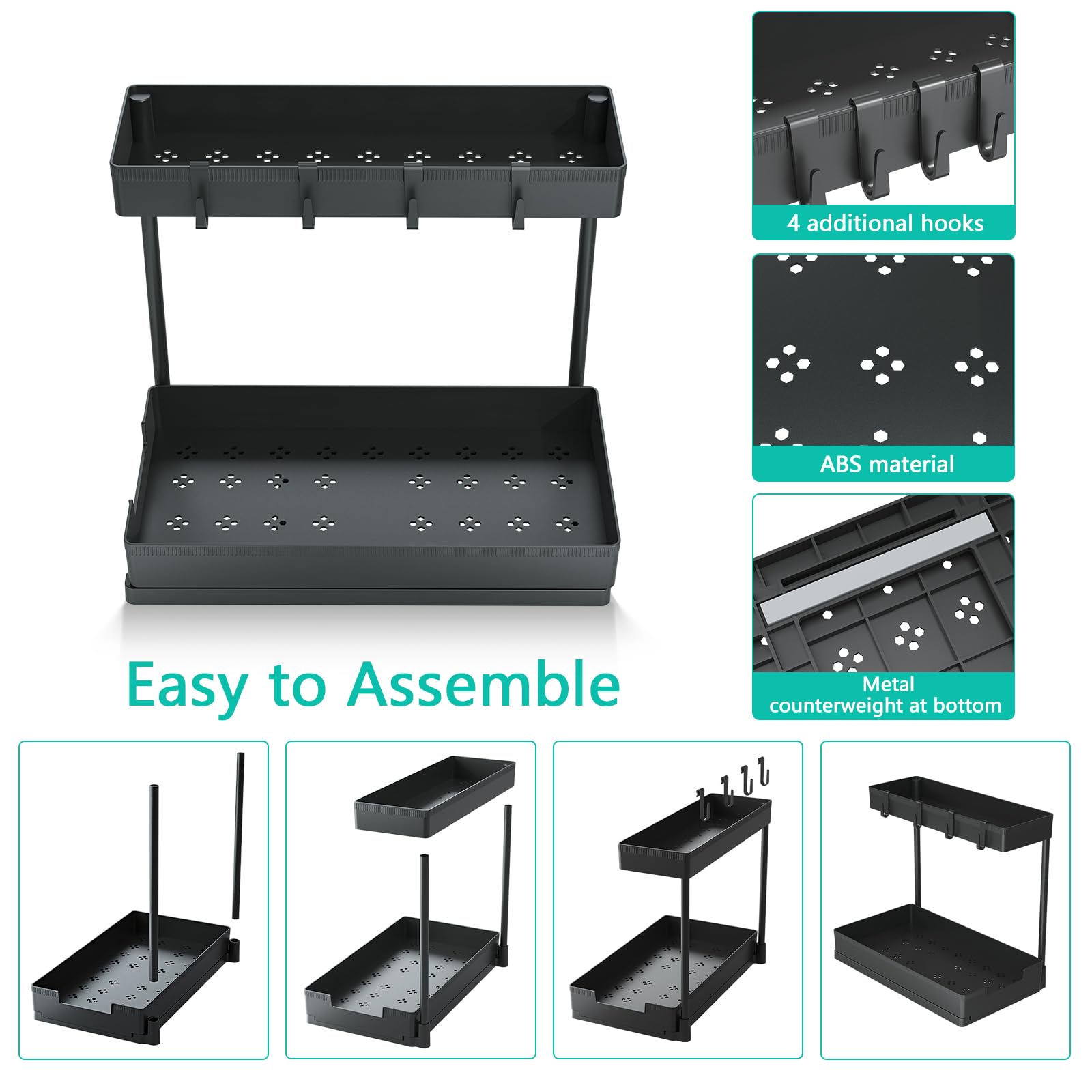 JUJEKWK Under Sink Organizers and Storage 2 pack, 2-Tier bathroom organizer, Kitchen Organizer, L Shaped cabinet organizer (Black)