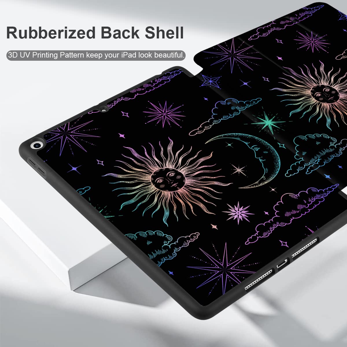 DONGKE Case Compatible with iPad 10.2 Inch 2021 2020 2019 iPad 9th/8th/7th Generation with Pencil Holder, Slim Stand Protective Case with Soft TPU Back, Auto Sleep/Wake Cover, Sun & Moon