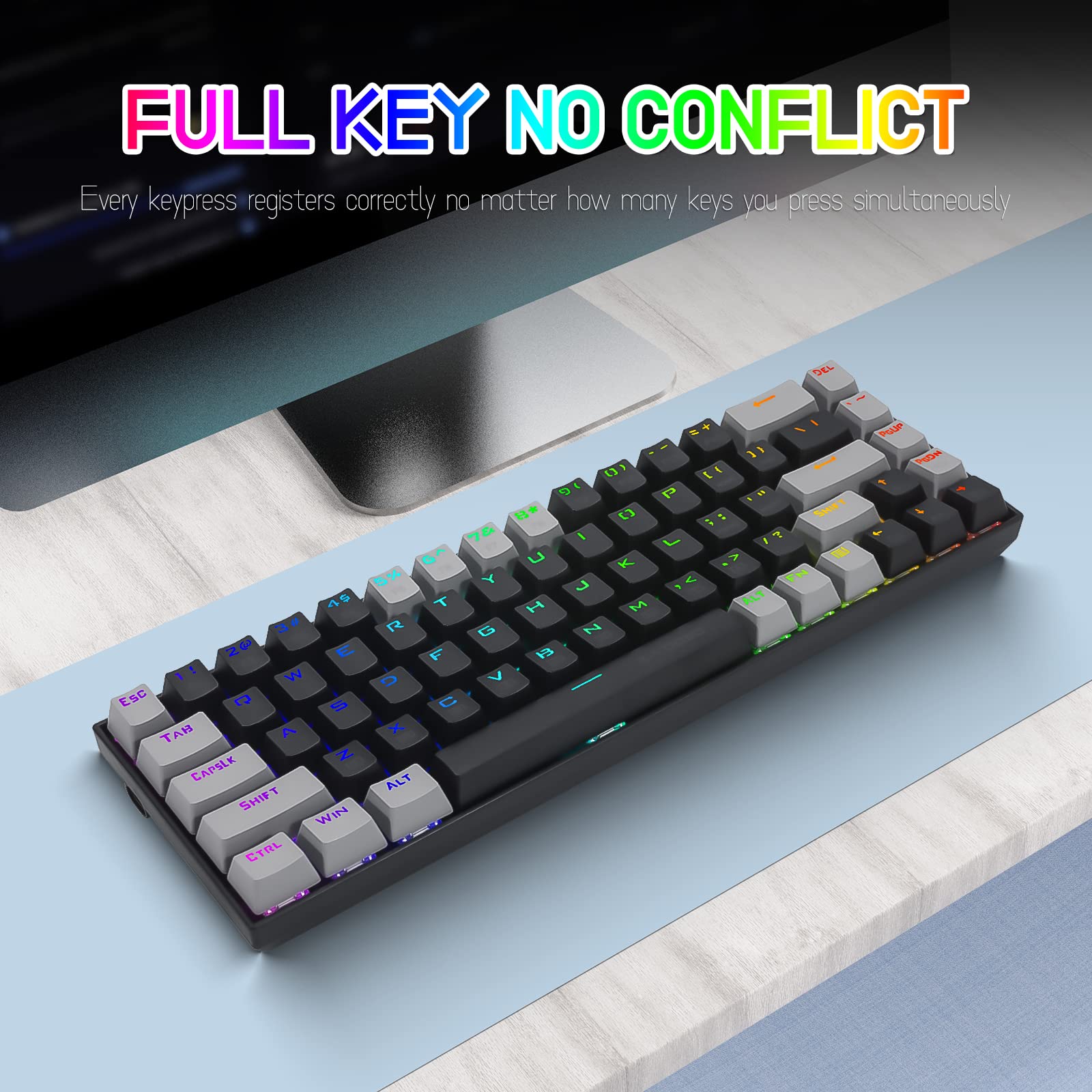 HUO JI 65% RGB Gaming Keyboard, E-YOOSO Z-686 Wired 68 Keys Mechanical Keyboard, Clicky Blue Switches, Pro Software Supported, Detachable USB-C Cable, Separate Arrow Keys - Black/Grey