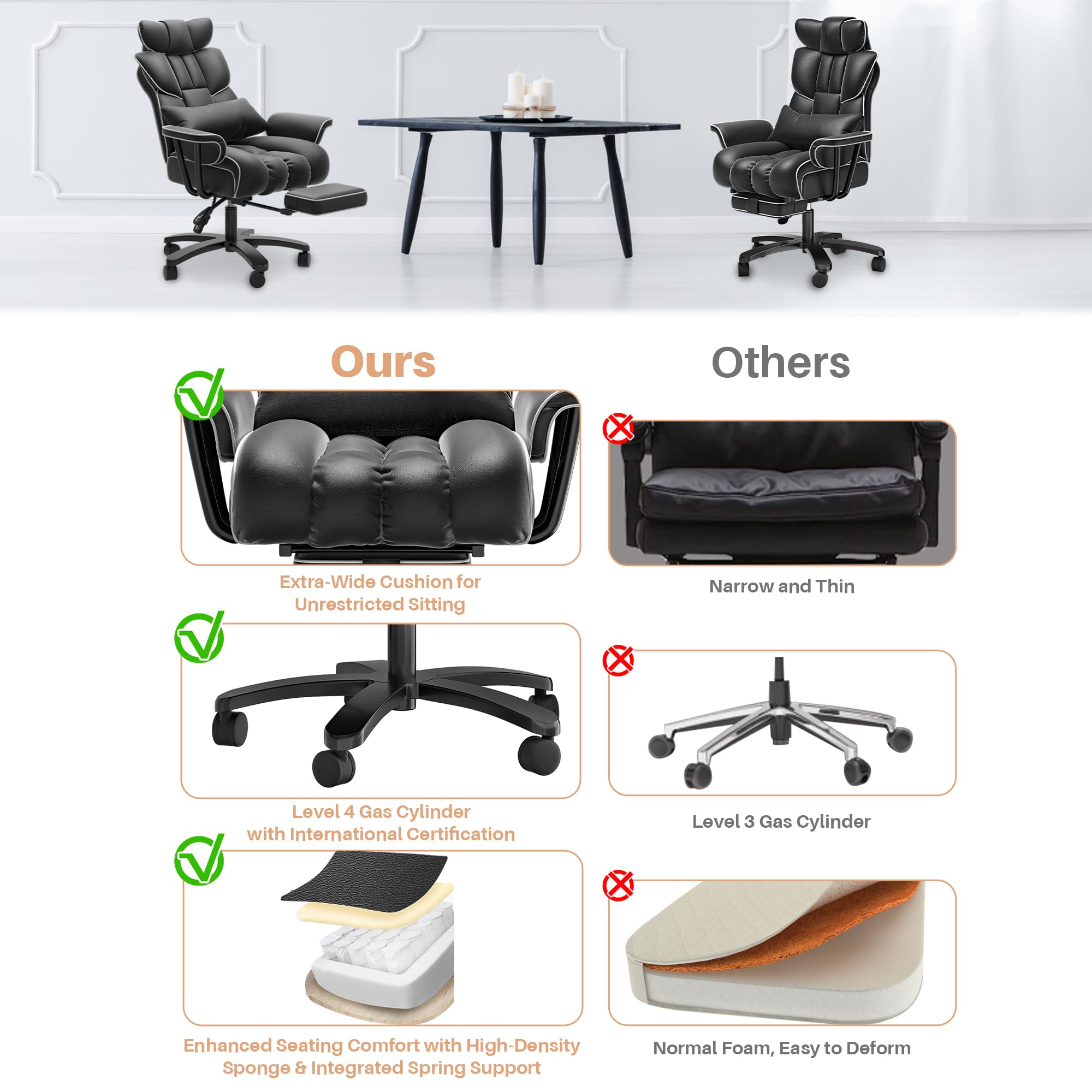 HomeZeer Big and Tall Office Chair 400lbs Wide Seat, Comfortable Reclining Office Chair with Footrest, High Back Leather Executive Office Desk Chair with Lumbar Support for Home Office