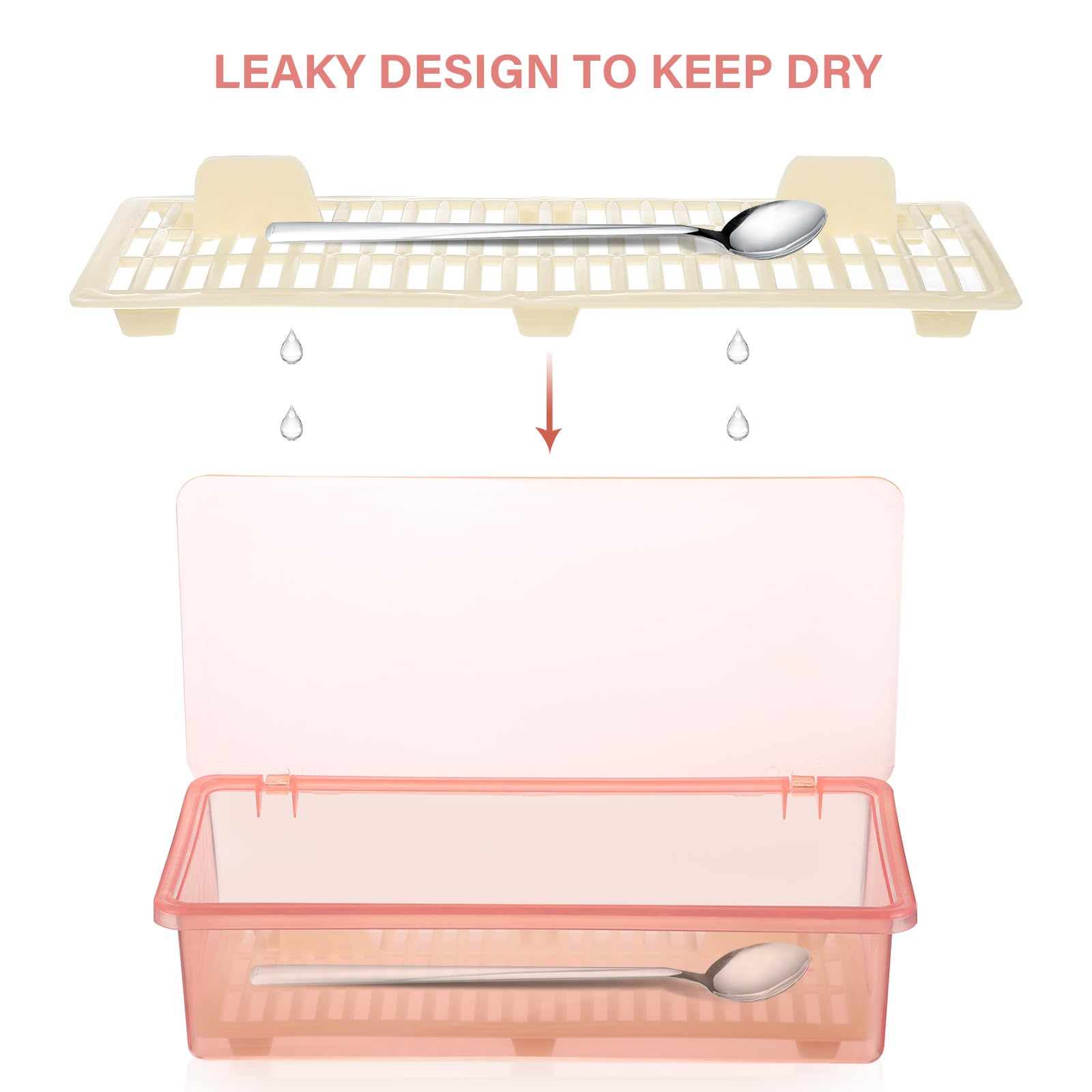 DOITOOL Spoon Organizer 2 Pcs Flatware Tray with Lid and Drainer- Black and Pink Transparent Plastic Silverware Holder- proof Silverware Tray for Drawer for Home Kitchen Accessories
