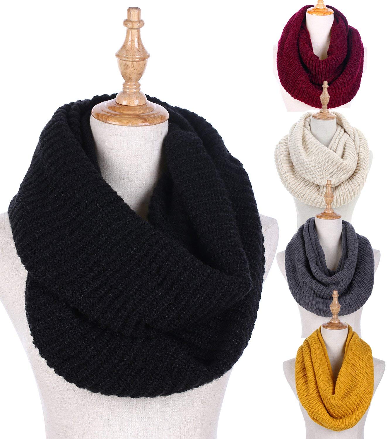 Dimore Women Winter Knit Infinity Scarf Circle Loop Scarf Beanie Set Thick Neck Warmer Scarf (black)