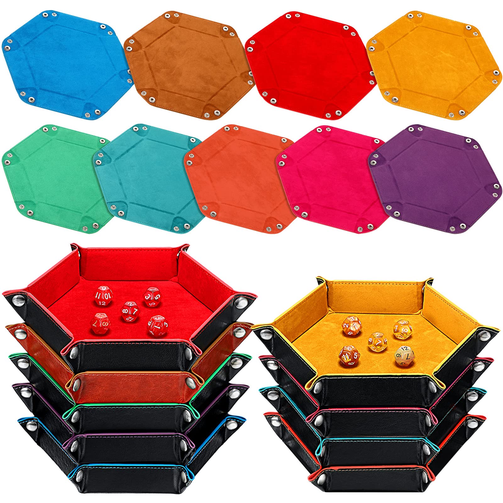 Hanaive 9 Pcs Dice Tray Set, Foldable Hexagon Rolling Tray PU Leather Portable Dice Holder Compatible with RPG Dice Games Other Table Games 9.6 W x 1.6 H