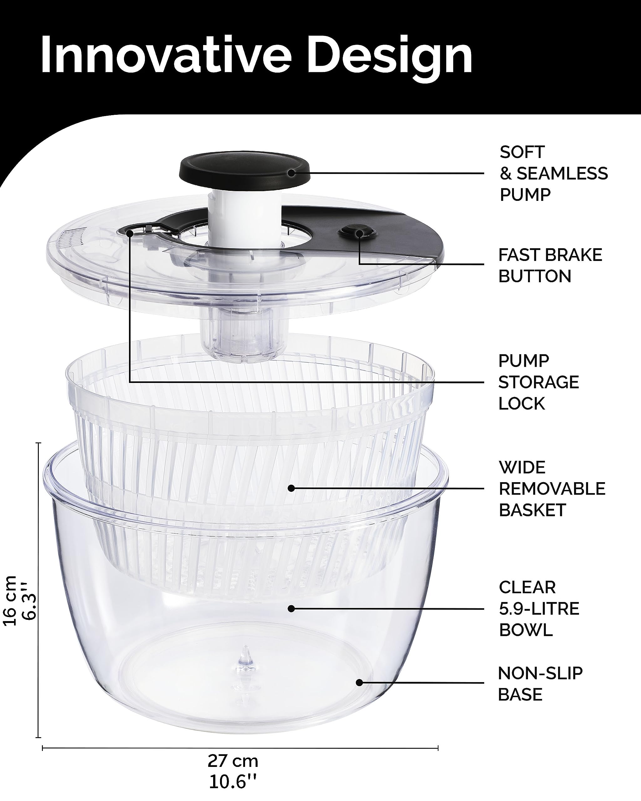 Joined Large Pump Salad Spinner with Storage Lid, Drain, Bowl, and Colander - Quick and Easy Multi-Use Lettuce Spinner, Vegetable Dryer, Fruit Washer, Pasta and Fries Spinner - 6.33 Qt