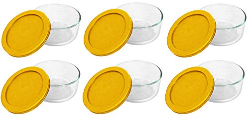 Pyrex Storage Plus 2-Cup Round Glass Food Storage Dish, Yellow Cover (6 Pack) Made in the USA