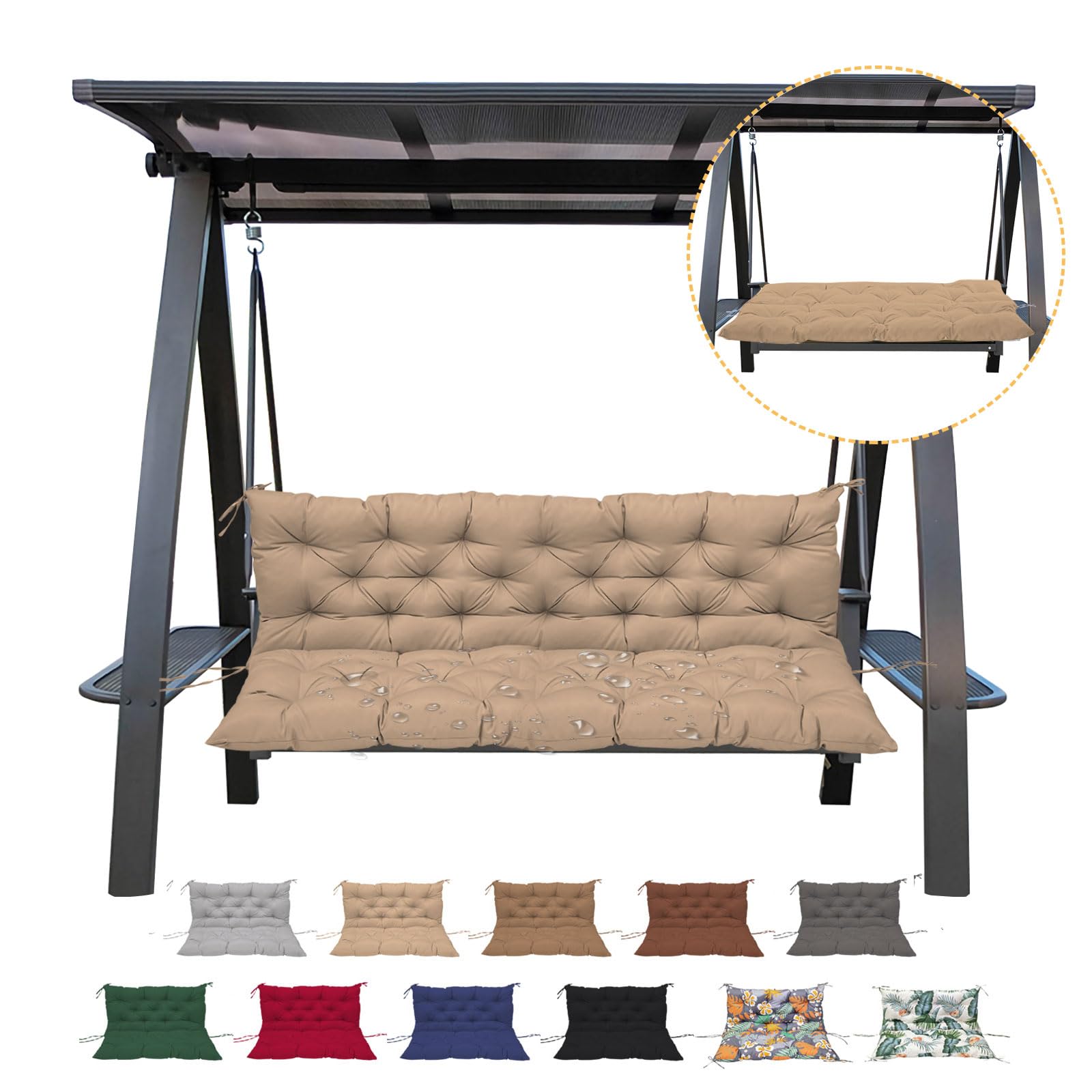 NANGELRN Porch Swing Cushion with Backrest,Waterproof Bench Cushion for Outdoor Furniture,2-3 Seater Replacement Thickened Swing Cushion with Ties,Patio,Outdoor,Backyard and Garden (Khaki,40x40)