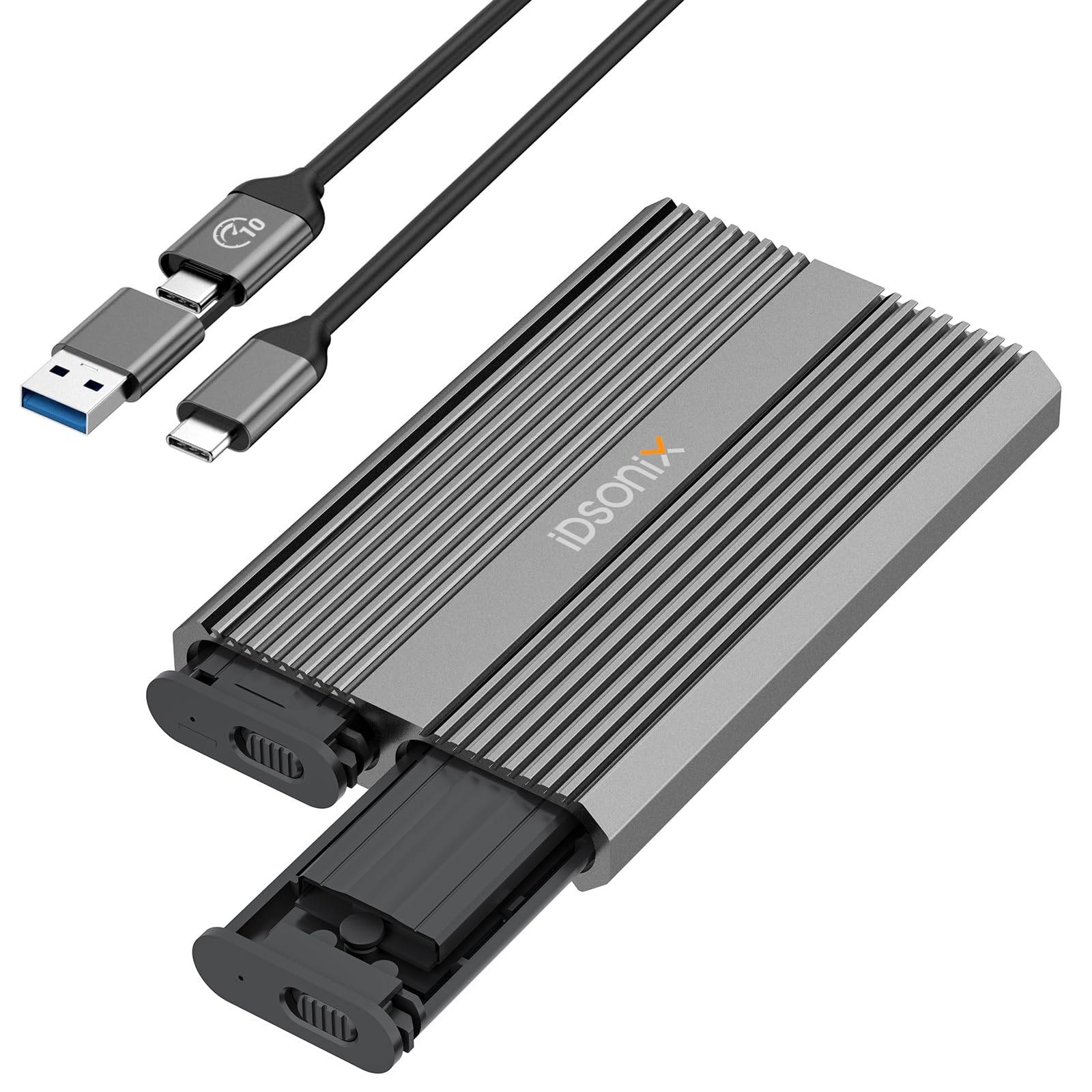 iDsonix Dual-Bay M.2 NVME , SATA PCIe SSD Enclosure Adapter up to 10Gbps, USB 3.1 Gen 2 to NVME, SATA PCIe M-Key M+B-Key 2242/2260/2280 External Hard Drive Enclosure, Support UASP