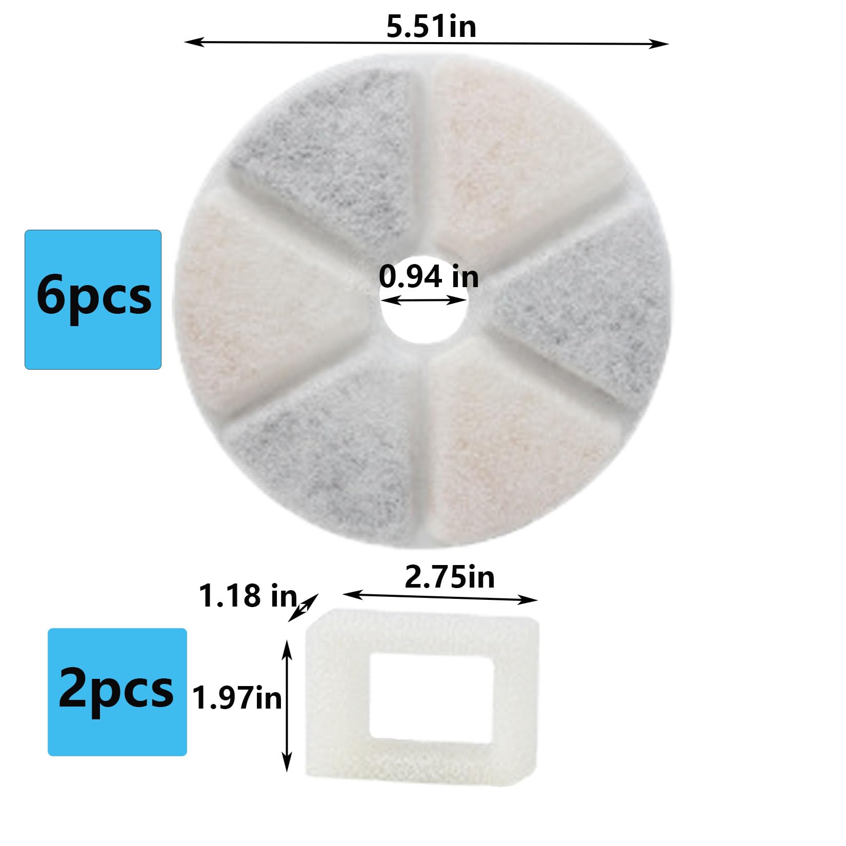 DiroPet 6 Pack Replacement Filters & 2 Pack Replacement Pre-Filter Sponges for 84Oz/2.5L Automatic Pet Fountain Cat Water Fountain