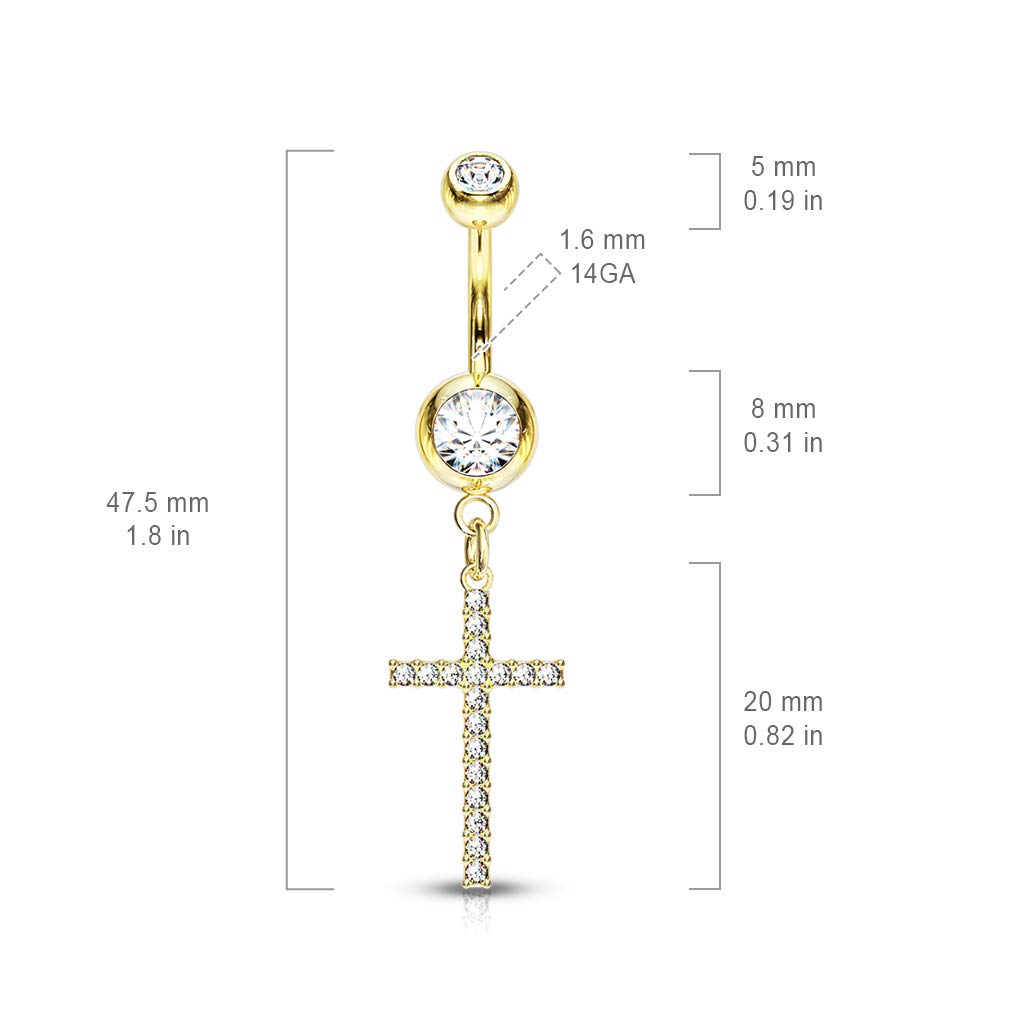 Dynamique Crystal Paved Cross Dangle Double Jeweled 316L Surgical Steel Belly Button Rings (Sold Per Piece)