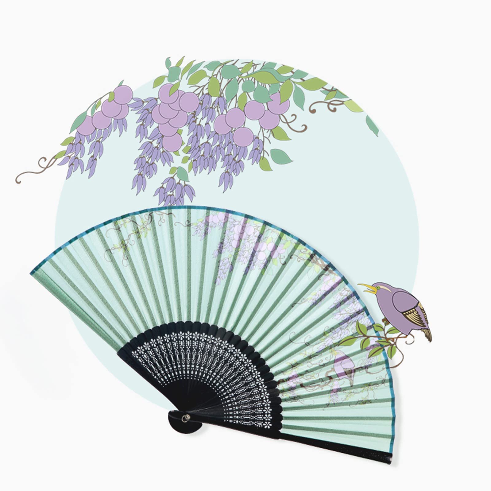 ERTUO Hand Folding Fan Bamboo Handheld Folding Fan Chinese Gift Hanfu Cheongsam Matching (Wisteria Flowers and Birds)
