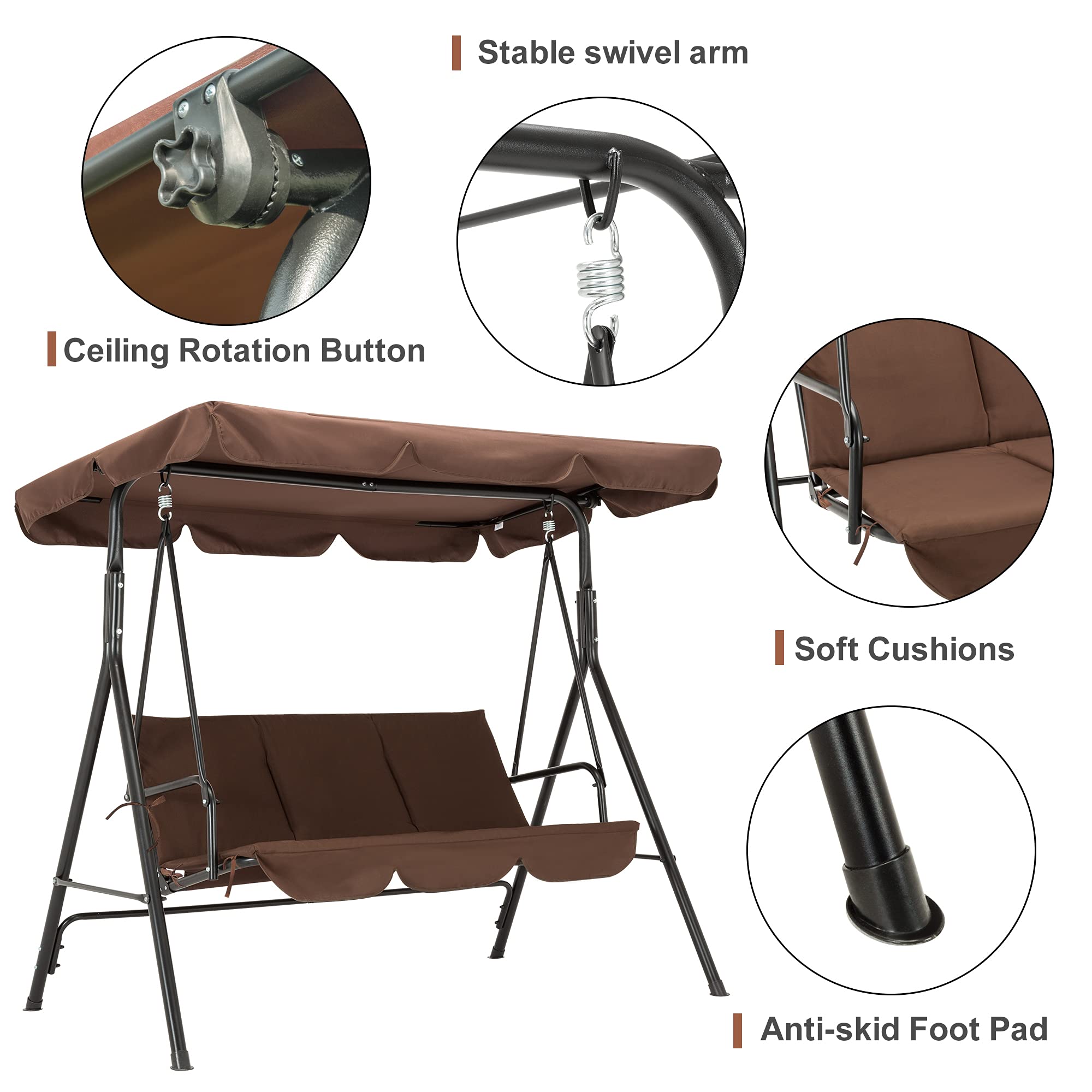 MCombo 3-Person Outdoor Patio Swing Chair, Convertible Canopy Hanging Swing Glider Lounge Chair, Removable Cushions, 4003 (Brown)