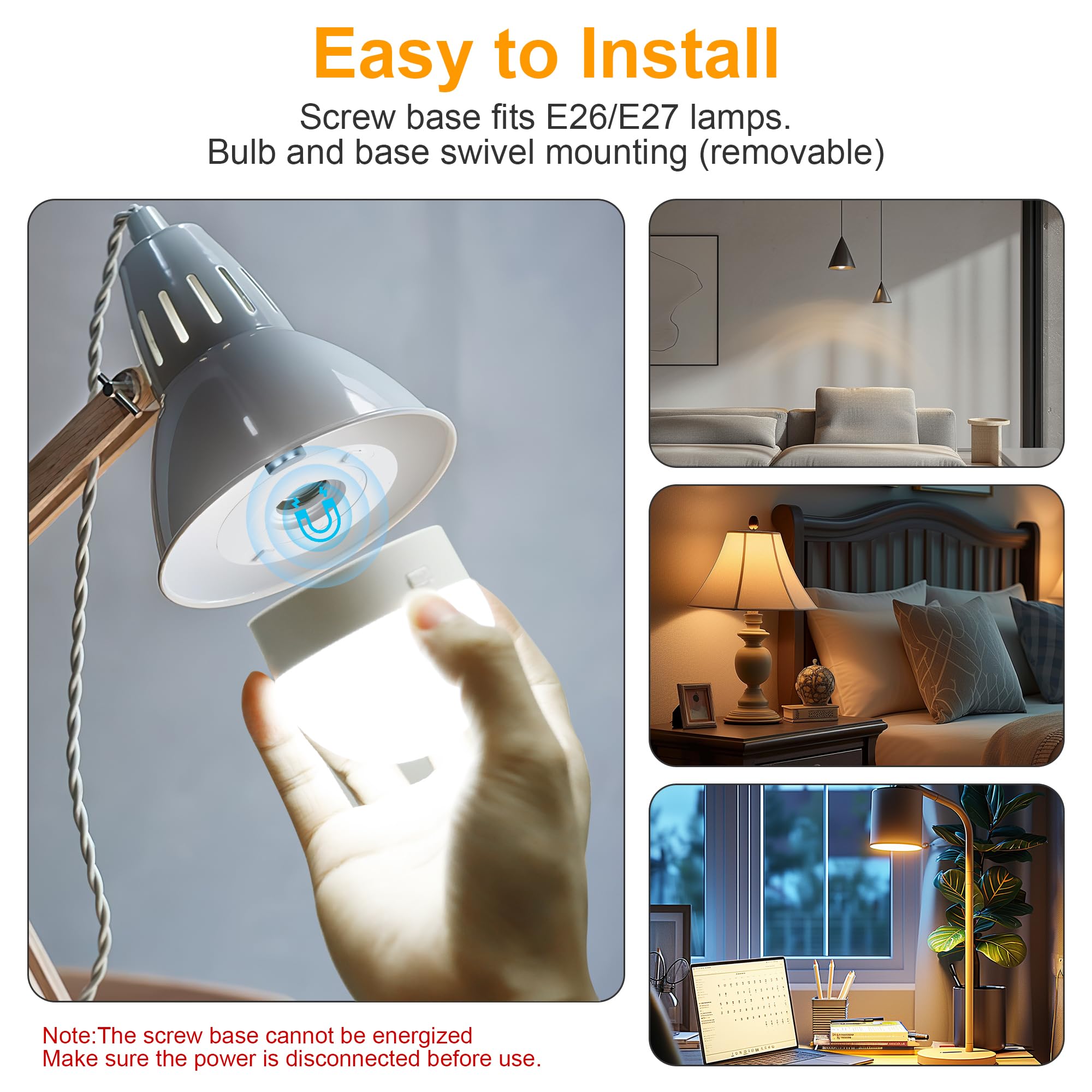 Rechargeable Battery Operated Light Bulbs, 300LM E26 Screw in (Magnetic Detachable) Light Bulb for Lamps with Remote Control Dimmable&Timer, Wireless Puck Emergency Lamp for Non-Hardwired Wall Sconce