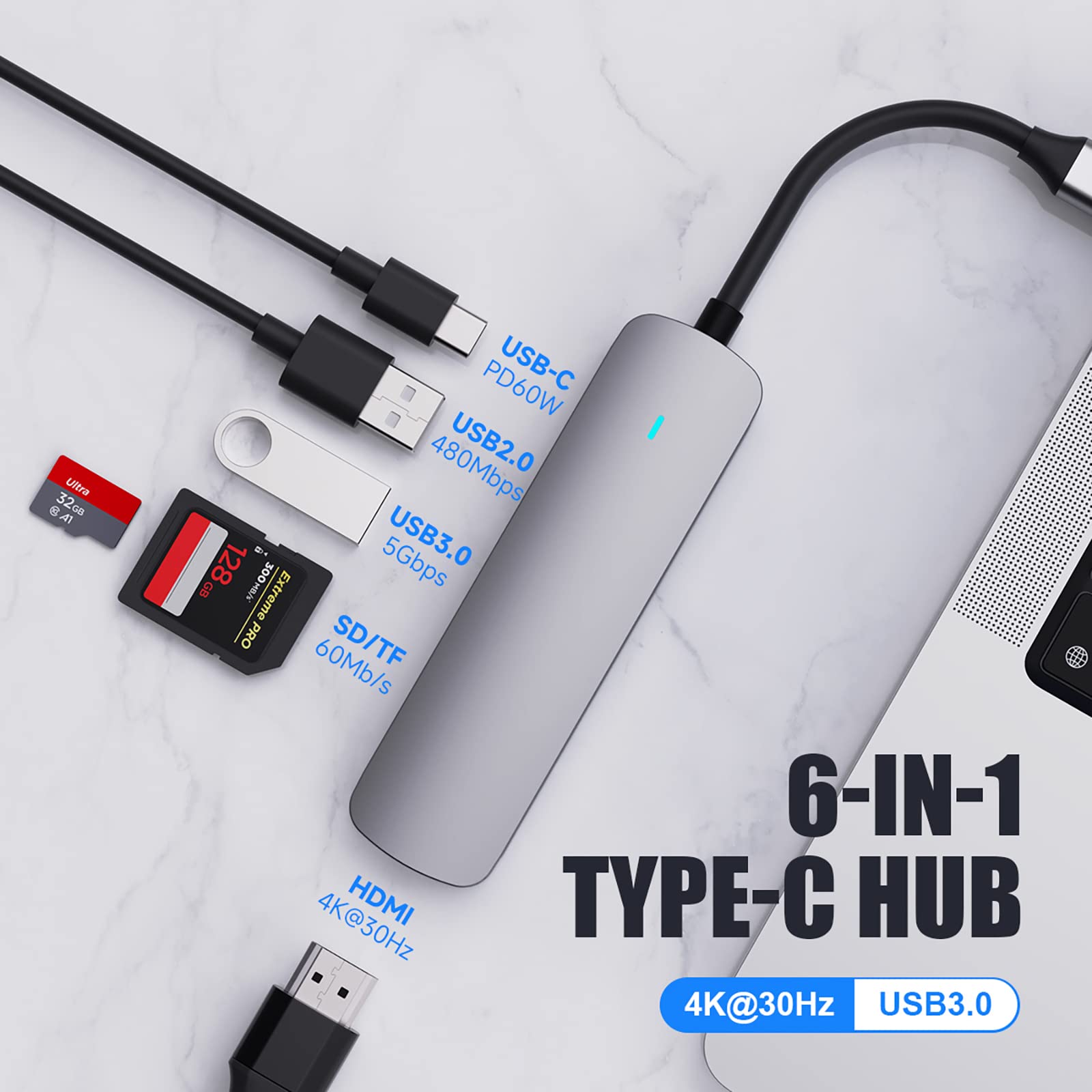 MOSHOU USB-C Hub, 6-in-1Type-C to HDMI Adapter Aluminum with 4K HDMI, 60W Power Delivery, USB3.0 5 Gbps Data Ports, TF and SD Card Reader for MacBook Air, MacBook Pro, XPS, Switch Thunderbolt Splitter