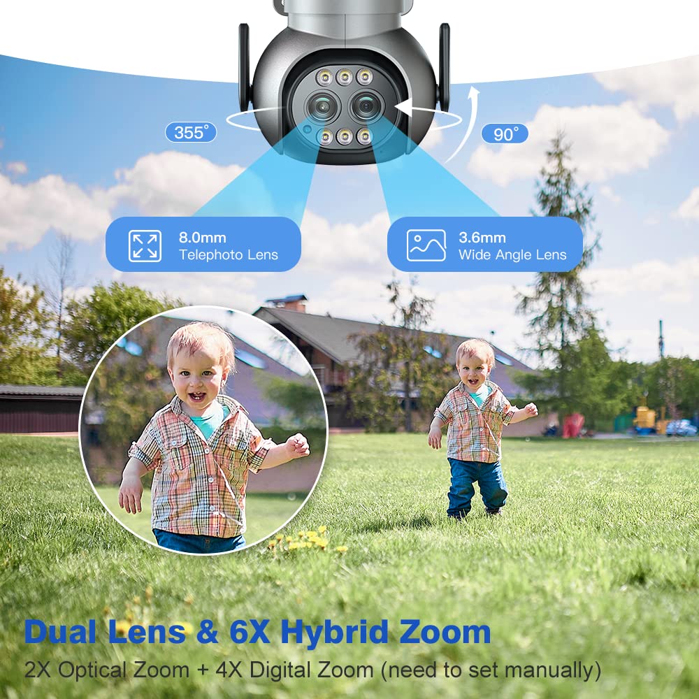 Ctronics 4MP Dual Lens Security Camera Outdoor WiFi 4 Pack, 2.4/5GHz WiFi Camera with 6X Hybrid Zoom, 360° PTZ Surveillance IP Camera, Human Detection with Auto Tracking, Color Night Vision, IP66 690c