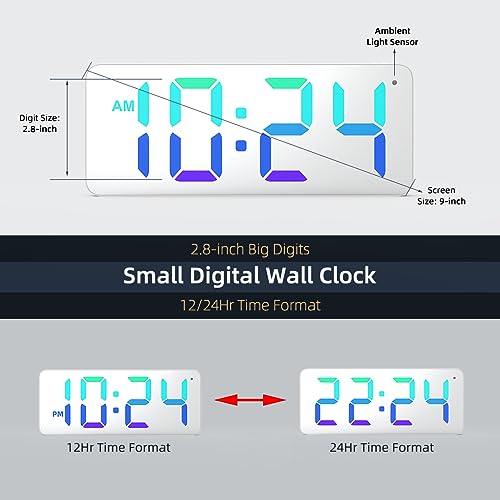 XUANZIT Wall Clock - LED Digital Wall Clock with Dynamic RGB Display, Mirror Surface, Big Digits, Auto-Dimming, Small Silent Wall Clock for Living Room, Bedroom, Farmhouse, Kitchen, Office