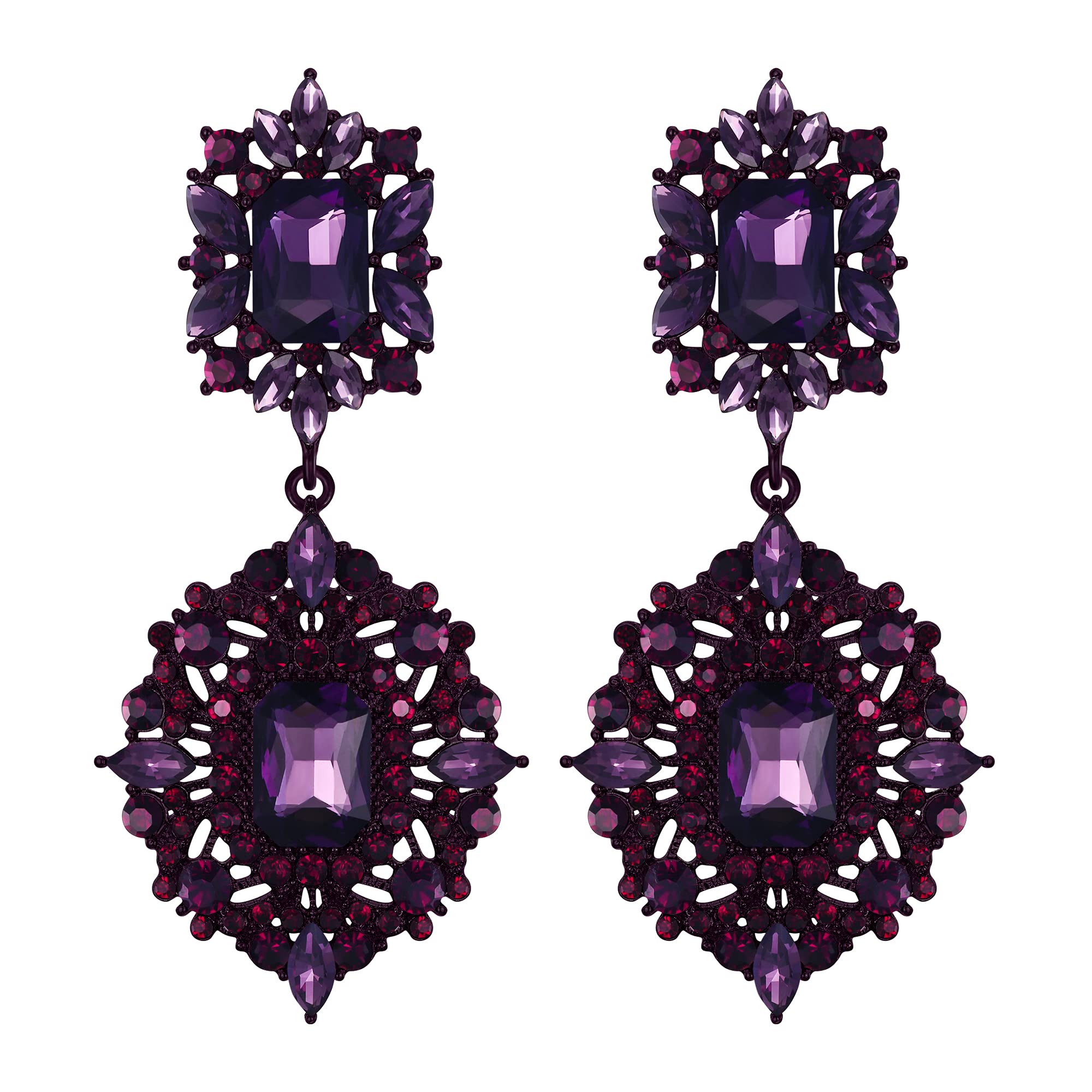 Flyonce Women's Rhinestone Crystal Art Deco Vintage Style Gatsby Clip-on Dangle Chandelier Earrings Purple