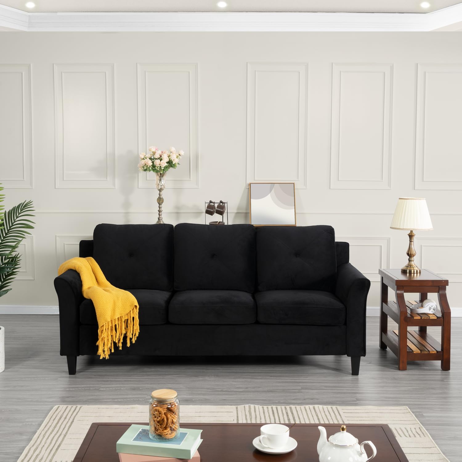 Naomi Home Black Button Tufted Sofa & Loveseat Set, Black Modern Microfiber Furniture for Small Spaces, Durable and Sturdy, Tool-Free Assembly, Affordable Living Room Sofa Cama, Stylish and Compact