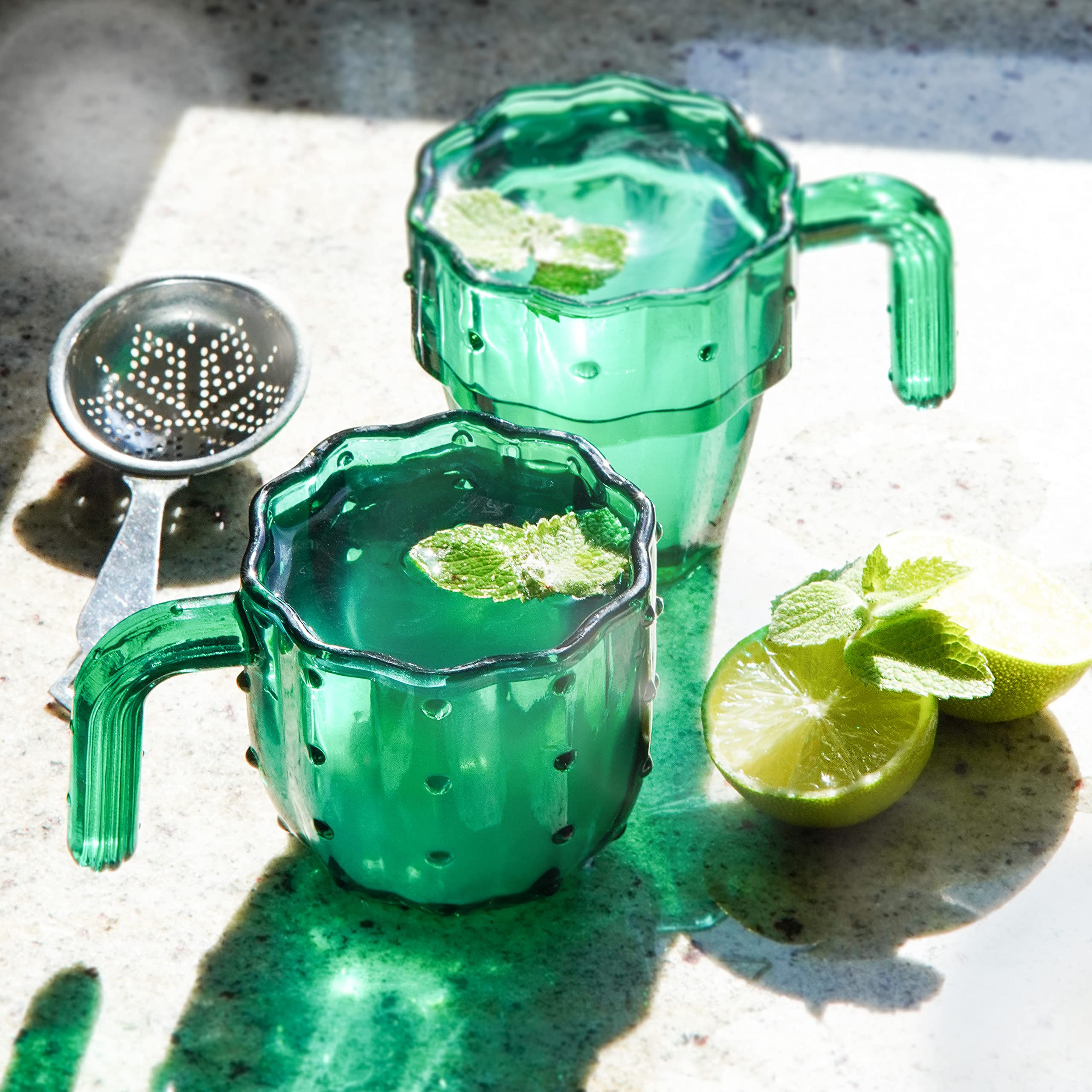 Gökotta Set of 6 | Stacking Cactus Drinking Glasses | Handmade Natural Green Glass | Retro Quirky Gift Present | Dinner Party Cocktail Water Juice Coffee Mugs Cups | 6PCS 250ml
