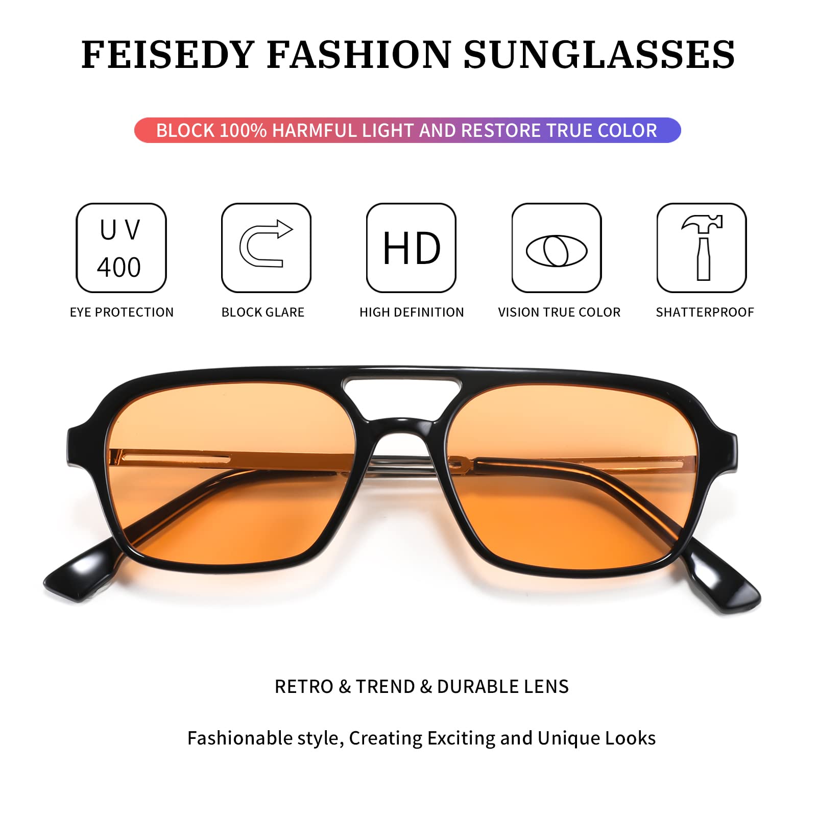 FEISEDY Vintage Square 70s Flat Aviator Sunglasses Women Men Metal Design Shades B2752