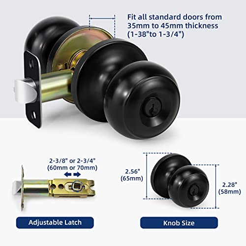 LOQRON Keyed Entry Door Knob for Entrance, Front Doorknob with Lock and Key for Exterior & Interior Right and Left Side Bedroom, Living Room, Matte Black,1 Pack