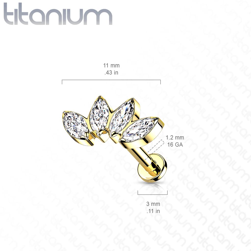 Dynamique Implant Grade Titanium Internally Threaded 4 Marquise CZ Fan Labret, Flat Back Studs for Ear Cartialge, Chin and More (Sold Per Piece)