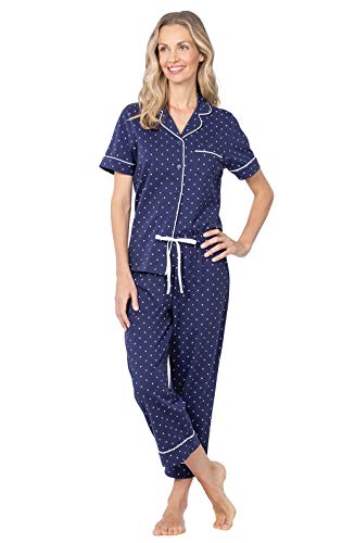 PajamaGram Capri Pajamas for Women - Cotton PJs Women, Polka Dot, Navy, L, 14-16