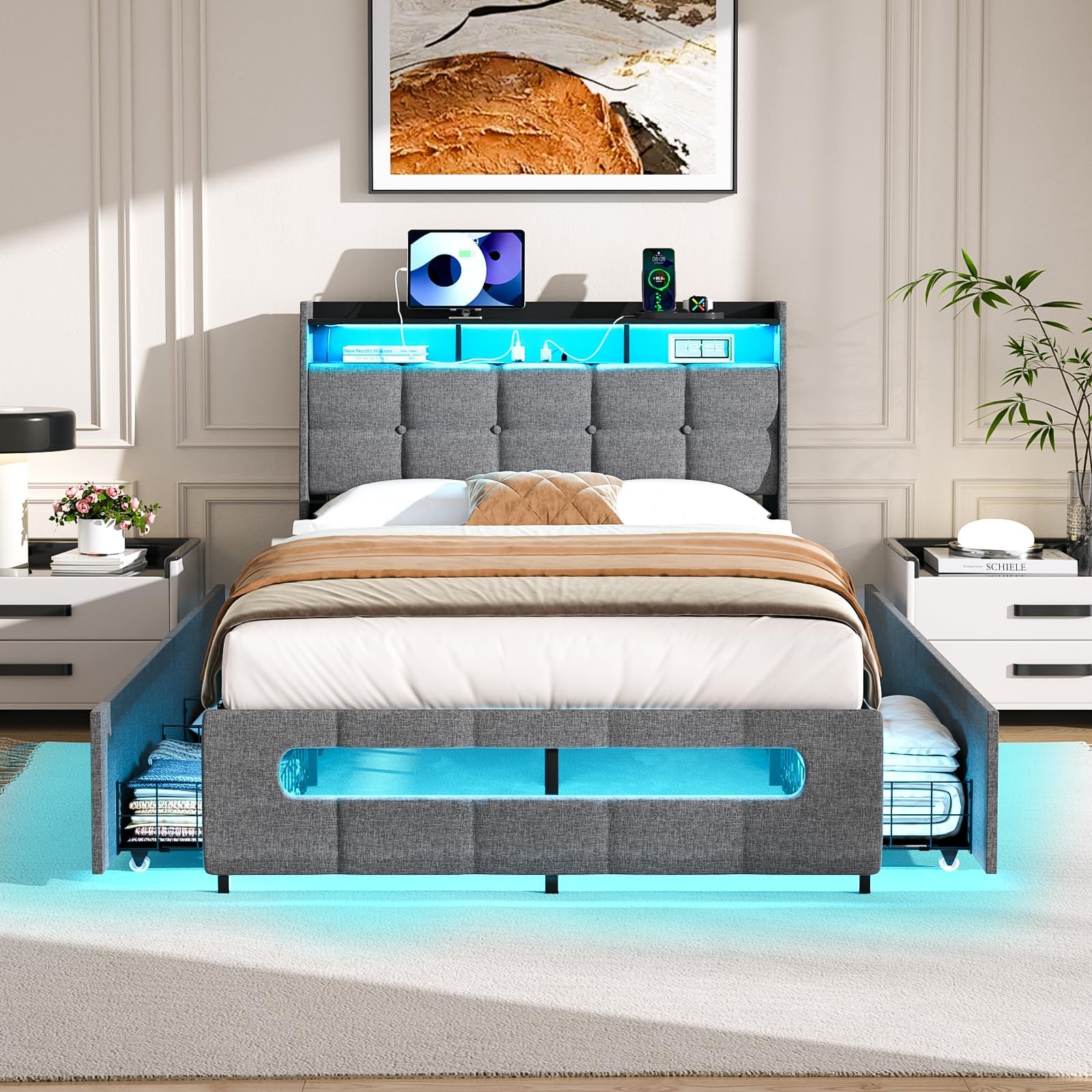 Homieasy Twin Size Bed Frame with Drawers Charging Station LED Light, Upholstered Twin Bed Frame with Storage Headboard, Heavy Duty Wood Slats, No Box Spring Needed, Noise Free, Grey