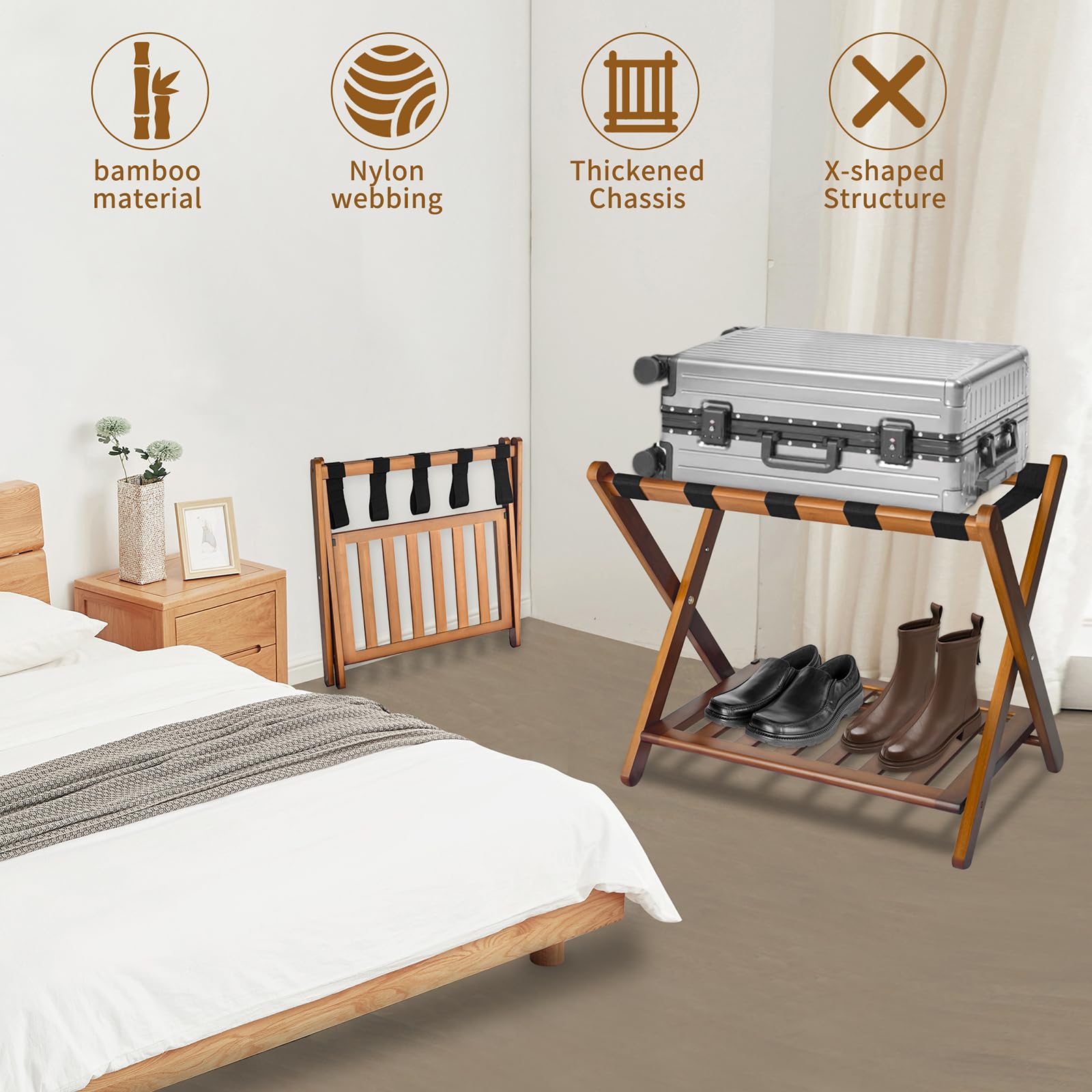 GUANBOM Luggage Rack,Folding Suitcase Stand with Storage Shelf,Luggage Stand for Guest Room Bedroom and Hotel (Brown)
