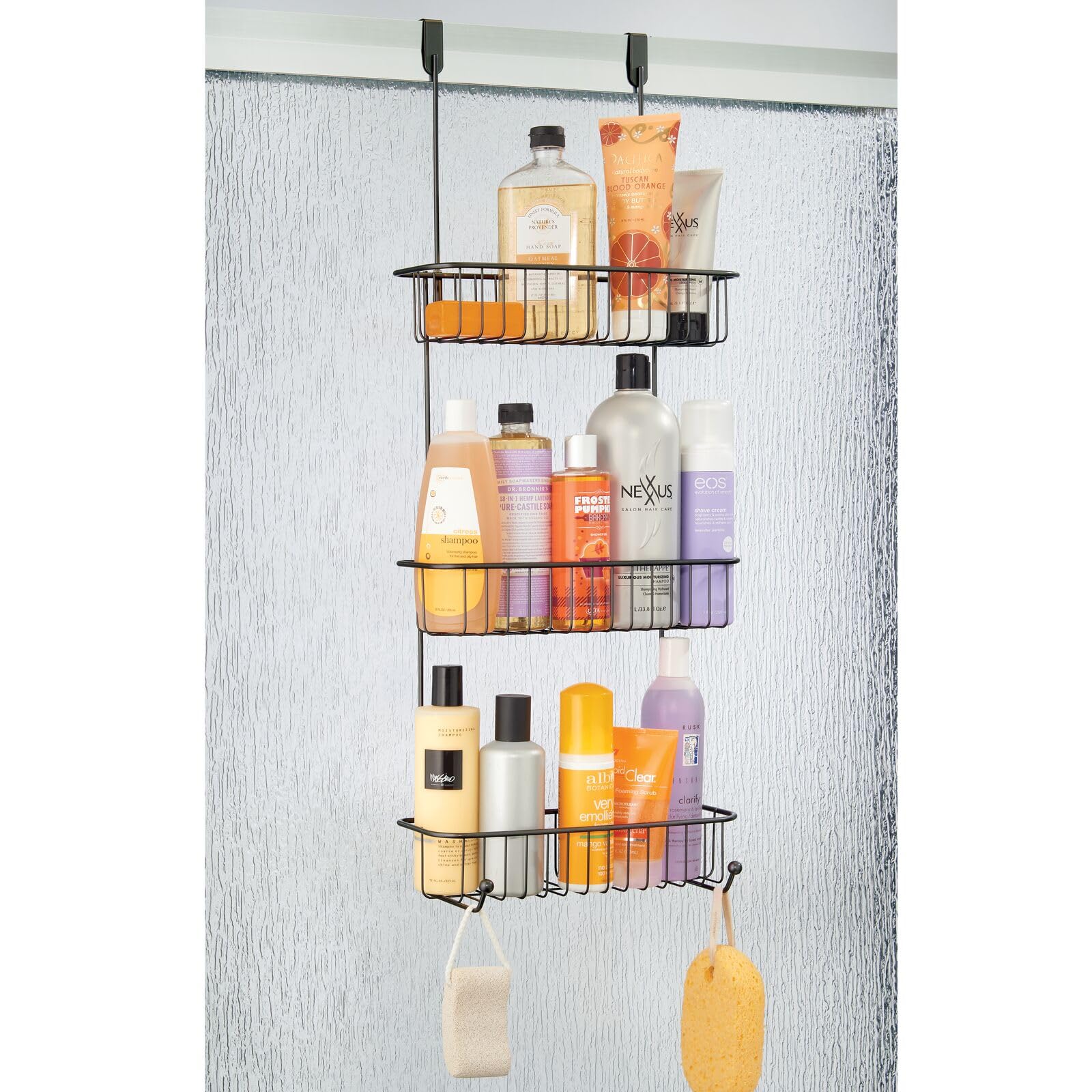 mDesign Extra Large Metal Over Shower Door Caddy, Hanging Bathroom Storage Organizer Center with Built-in Hooks and Baskets on 3 Levels for Shampoo, Body Wash, Loofahs - Black