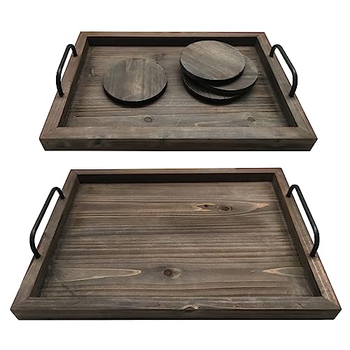 Juleduo Rustic Wooden Serving Trays with Handle-Set of 2-Decorative Nesting Food Board Platters 4 Coasters,for Breakfast Kitchen Ottoman Coffee Table