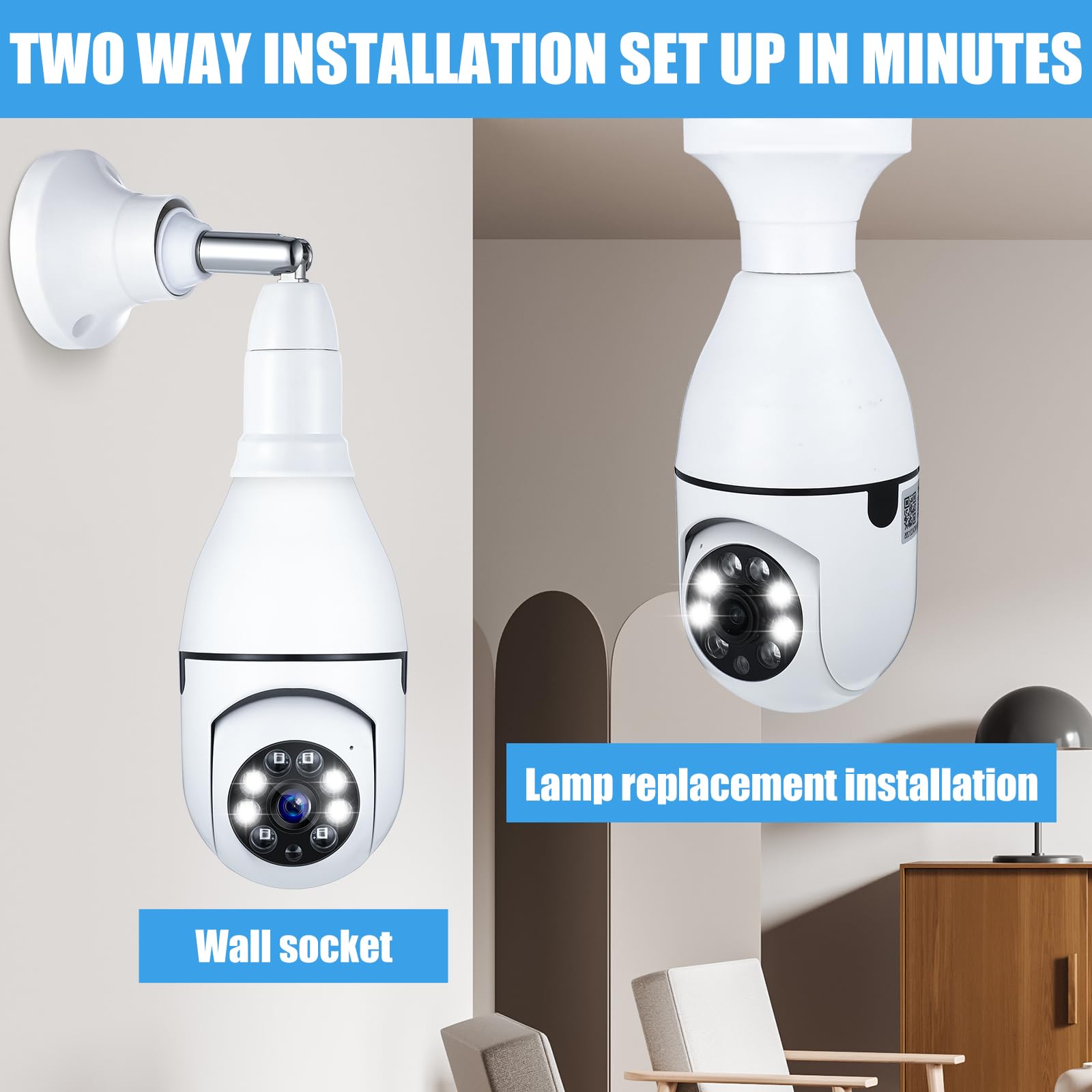 Fabbay 1080P Light Bulb Security Camera Compatible with WiFi 5G and 2.4GHz 360 Panoramic Camera Outdoor Wireless Camera with E27 Socket Extender Night Vision Two Way Audio Motion Detection (4 Pcs)