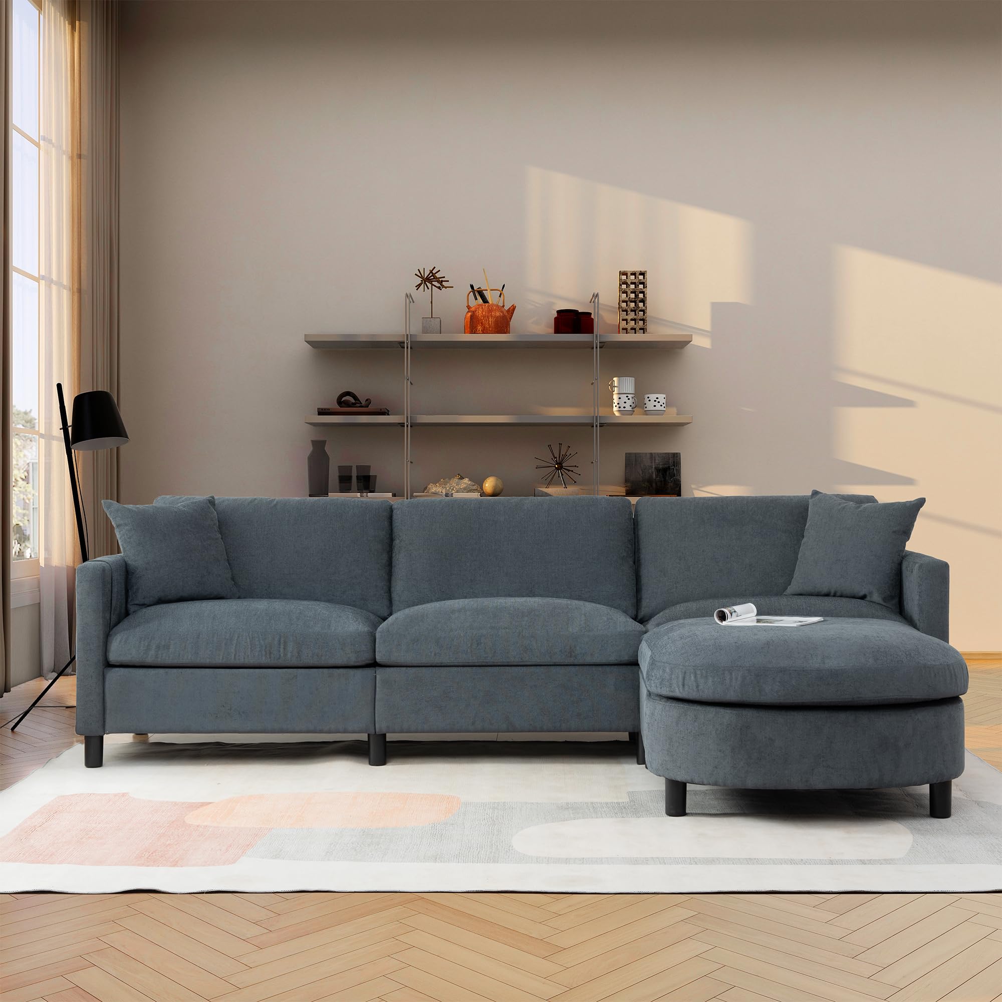 Hommoo L Shaped Sofa Sectional Couch for Home Living Room 3 Seat Couch with Removable Ottoman Comfy Linen Fabric Small Modern Couch for Apartment with Pillow 107β Grey