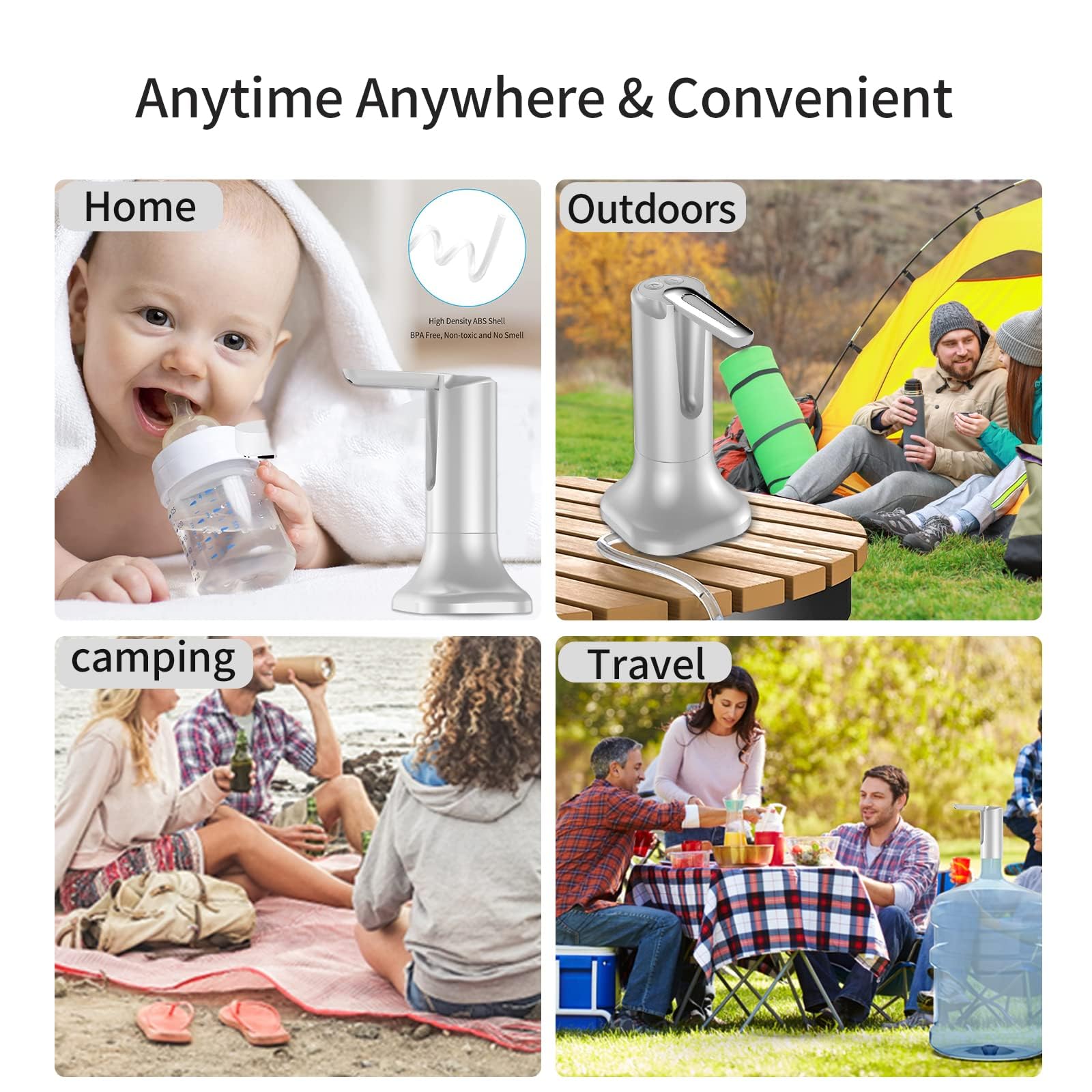 FEERNICH Water Dispenser for 5 Gallon Bottle,Universal Automatic Portable Water Bottle Pump Foldable Electric Drinking Water Pump 1200mAh USB Charging Suitable to Home Office Camp Travel (White)