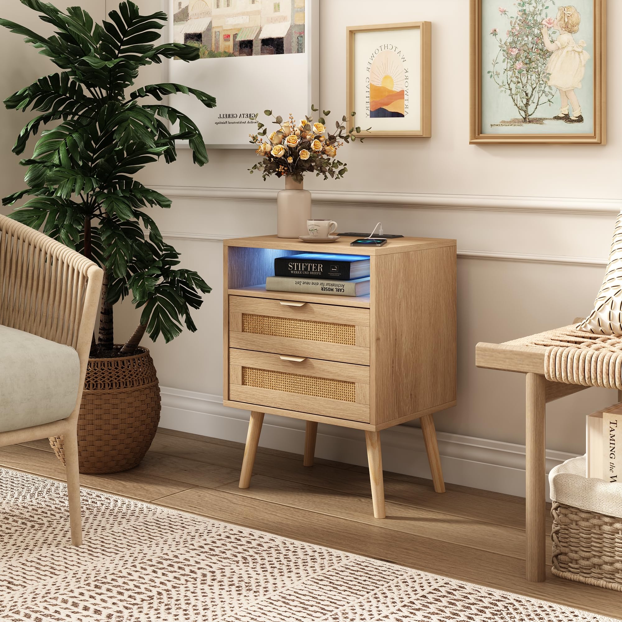 Halitaa Rattan Nightstand with Charging Station USB Port Led Lights and 3 Storage Drawers, Bedroom Furniture Night Stand Bedside Table Bed Side Table End Table Sofa Table (2 Pack)